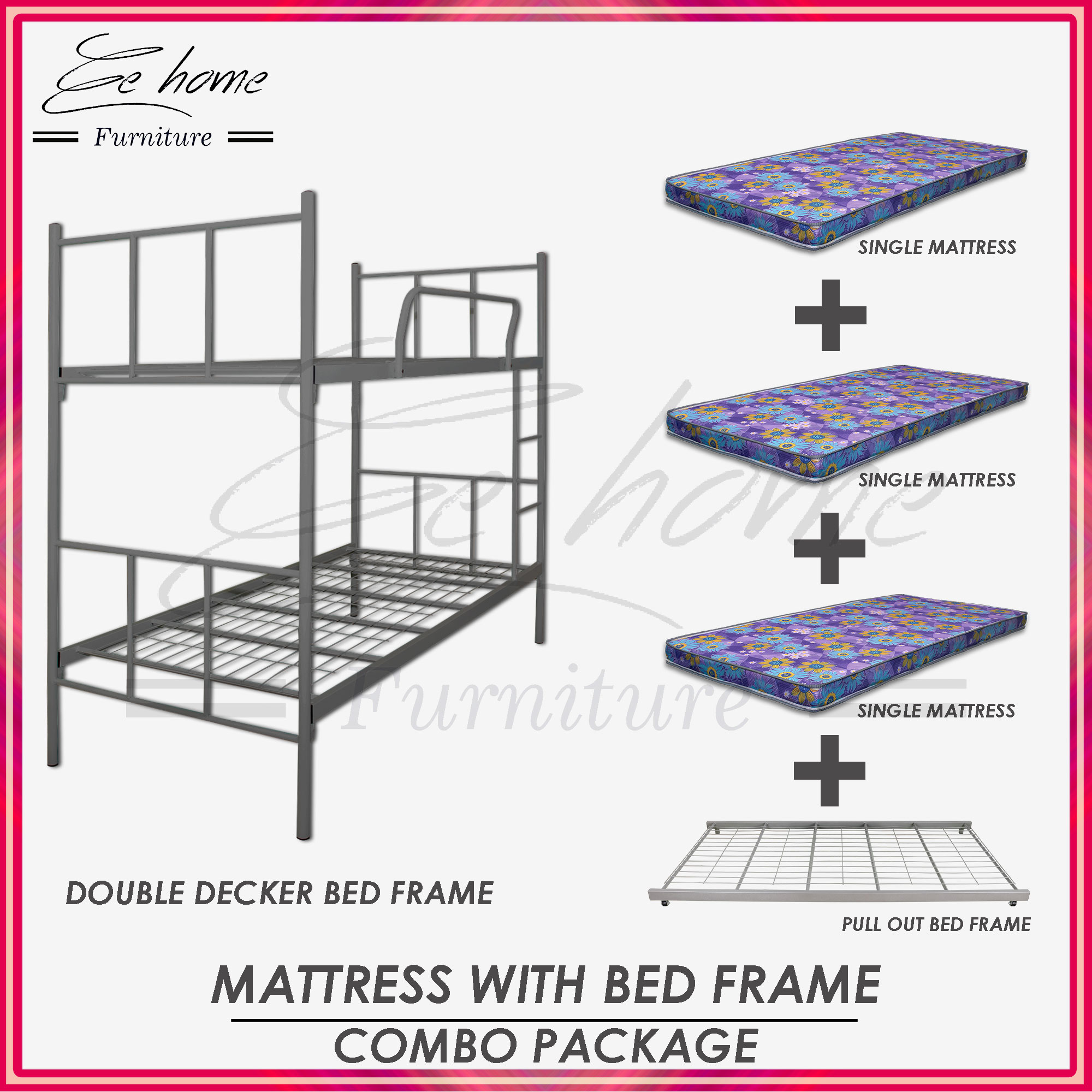 EE HOME Set Double Decker Bed Frame With Single Mattress Pull Out Bed ...