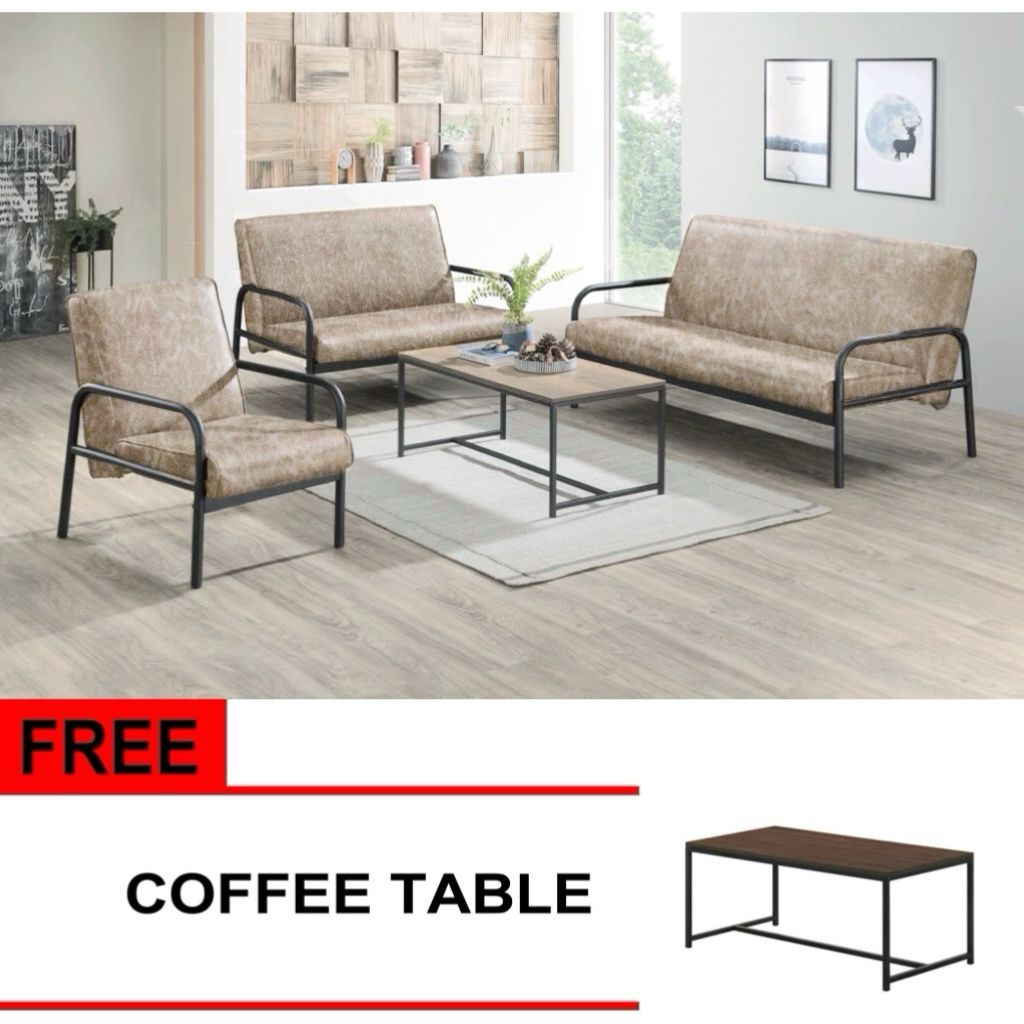 CHF Industrial Modern Metal Sofa Set 1+2+3 Seater Free Coffee Table(Tan ...
