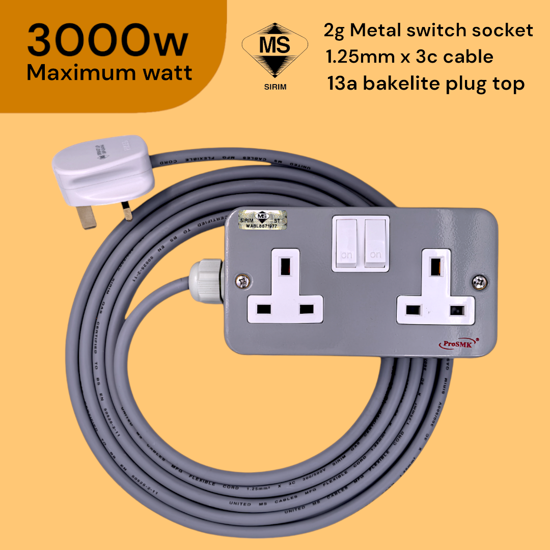 HEAVY DUTY 3000 WATT 2 GANG METAL SWITCH SOCKET COMPLETE 10 METER UMS 1 ...