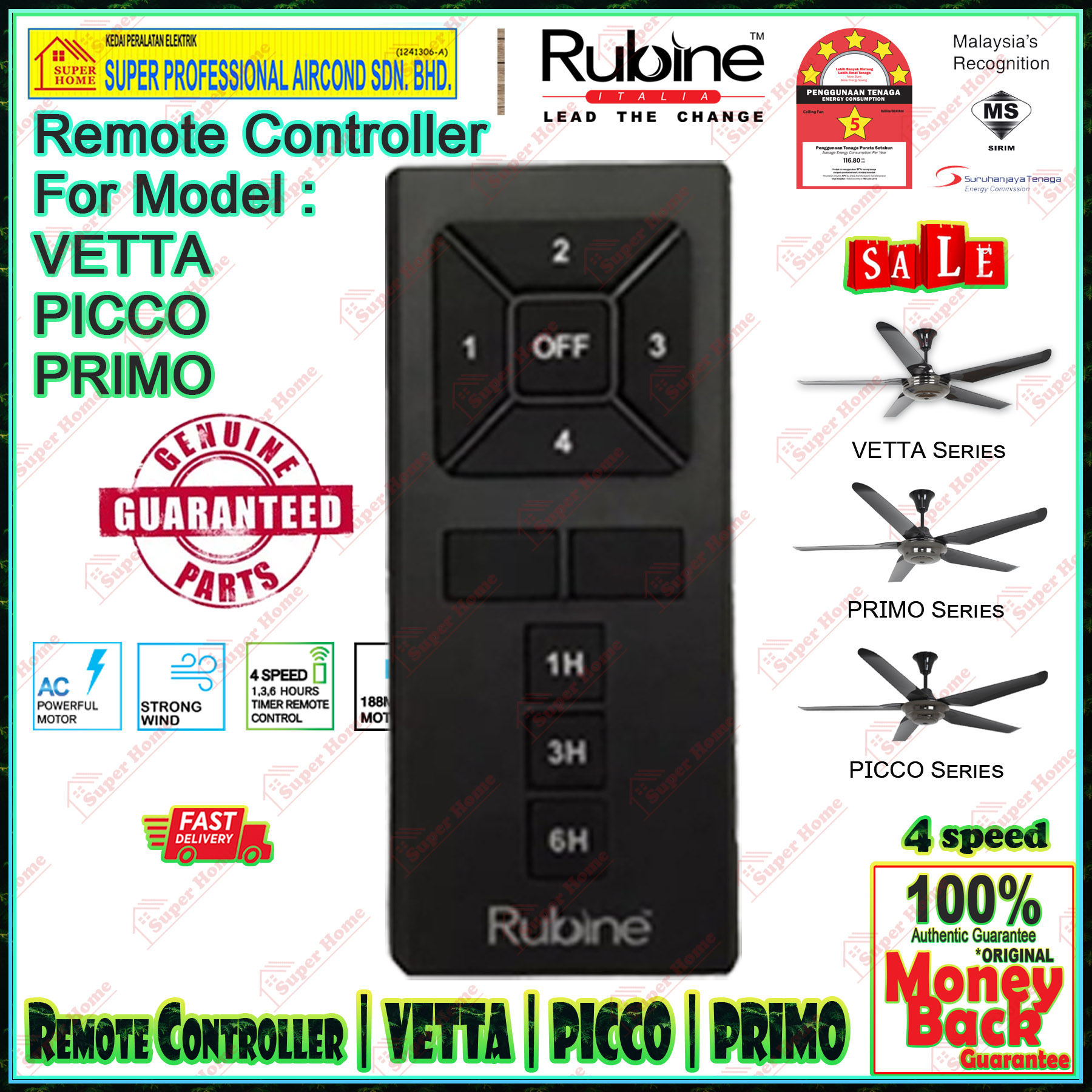 Remote Controller For Rubine Ceiling Fan VETTA Series / PICCO Series ...