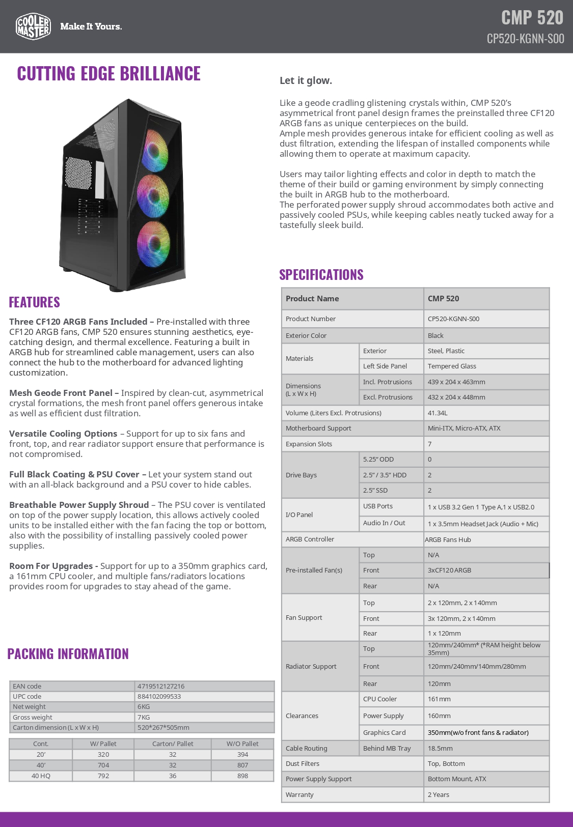 COOLER MASTER CMP 520 ARGB ATX DESKTOP PC CASE / CASING ( Provide 3 ...