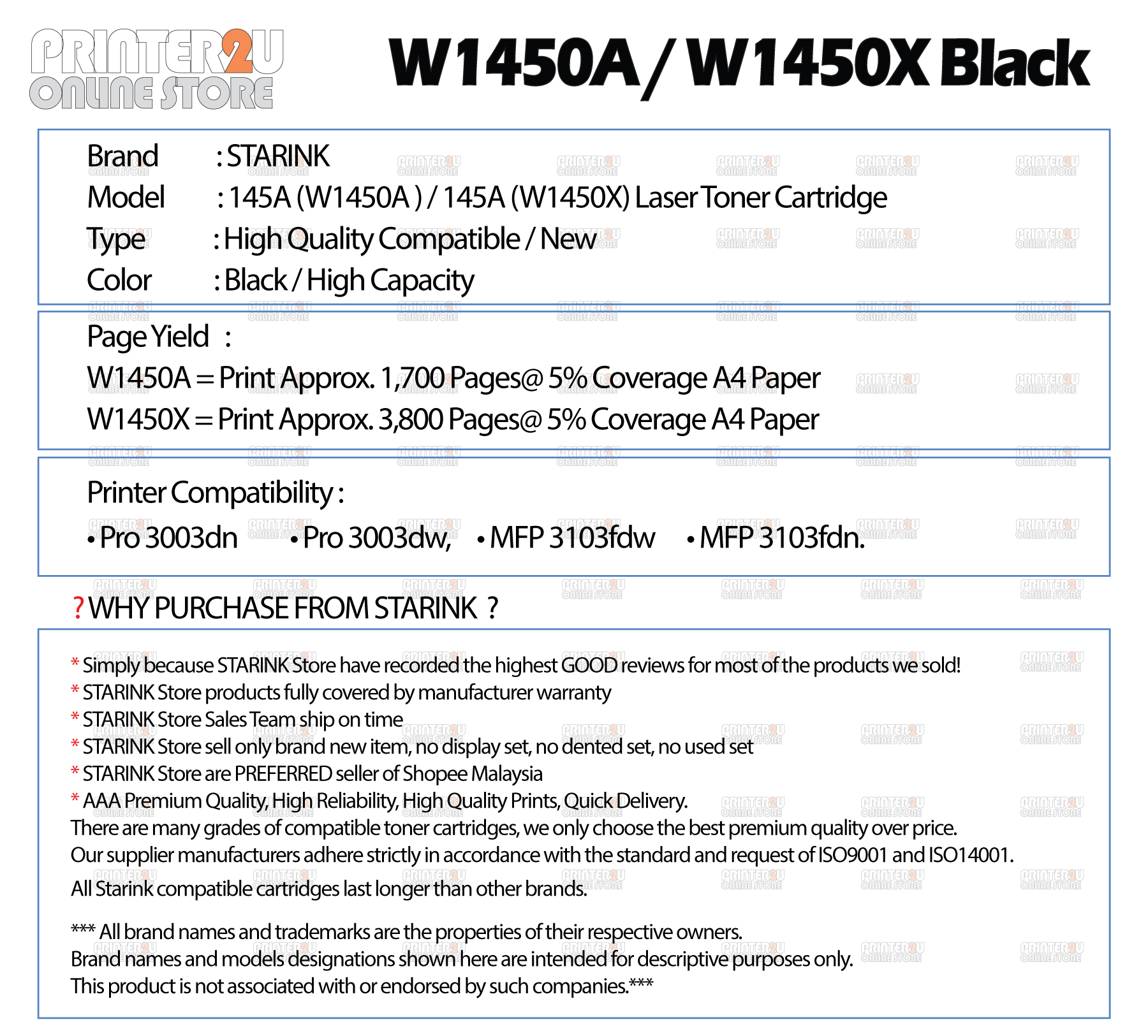 Compatible HP 145A 145X Black LaserJet Toner Cartridge W1450A W1450X ...
