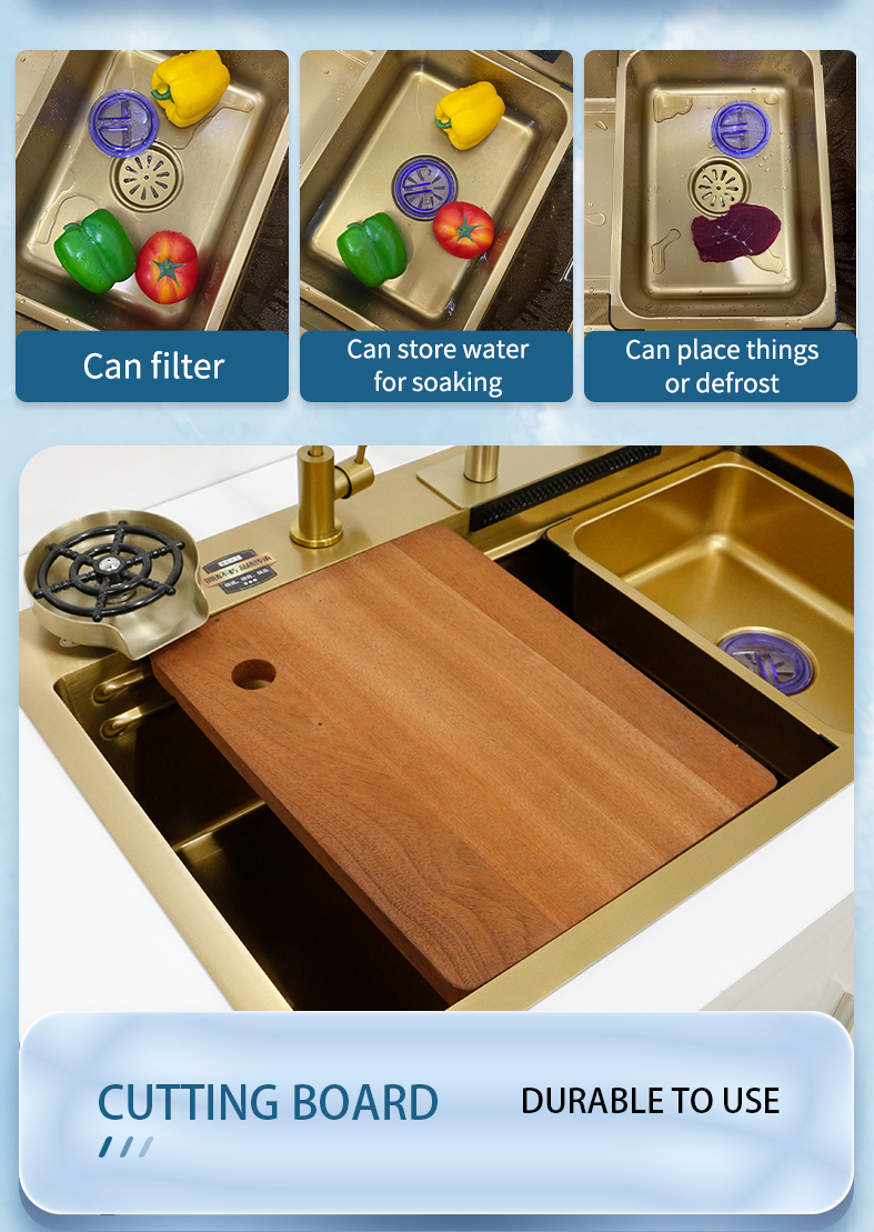 [BUY 1 FREE 10 GIFTS] Waterfall Kitchen Sink Gold 304 Stainless Steel ...