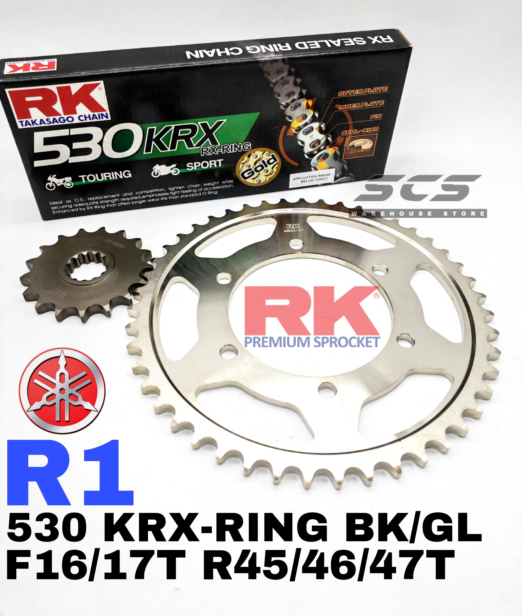 RK Sprocket Set YAMAHA YZF R1 2004 - 2014 530 GB KRX-Ring Rivet Black Gold Chain 16/17T-45/46 ...