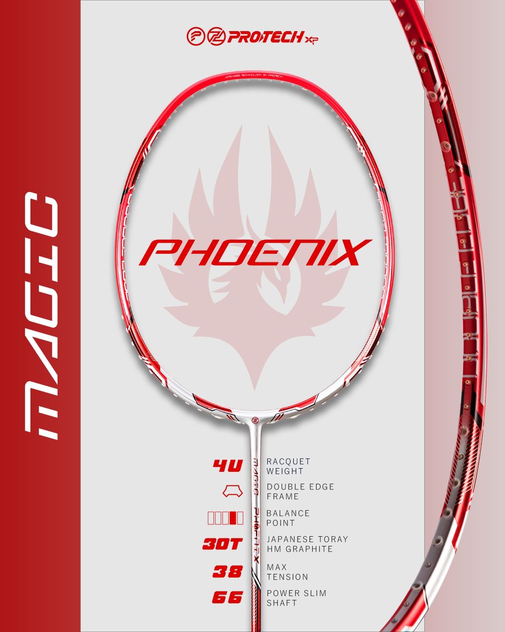PROTECH Badminton Racket - Magic PHOENIX (4UG1)(MAX 38LBS)(FREE String ...