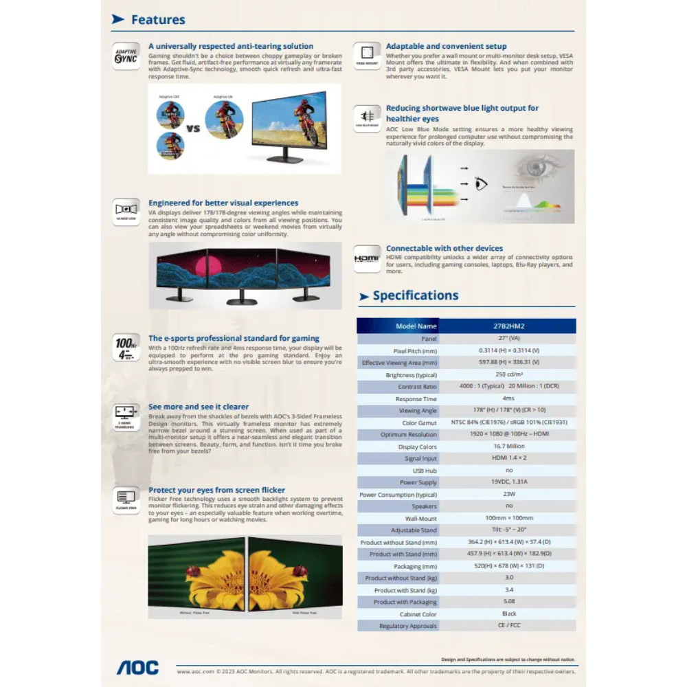 (READY STOCK) AOC 27B2HM2 27" VA WIDE VIEW ULTRA SLIM 4MS 100Hz FULL HD ...