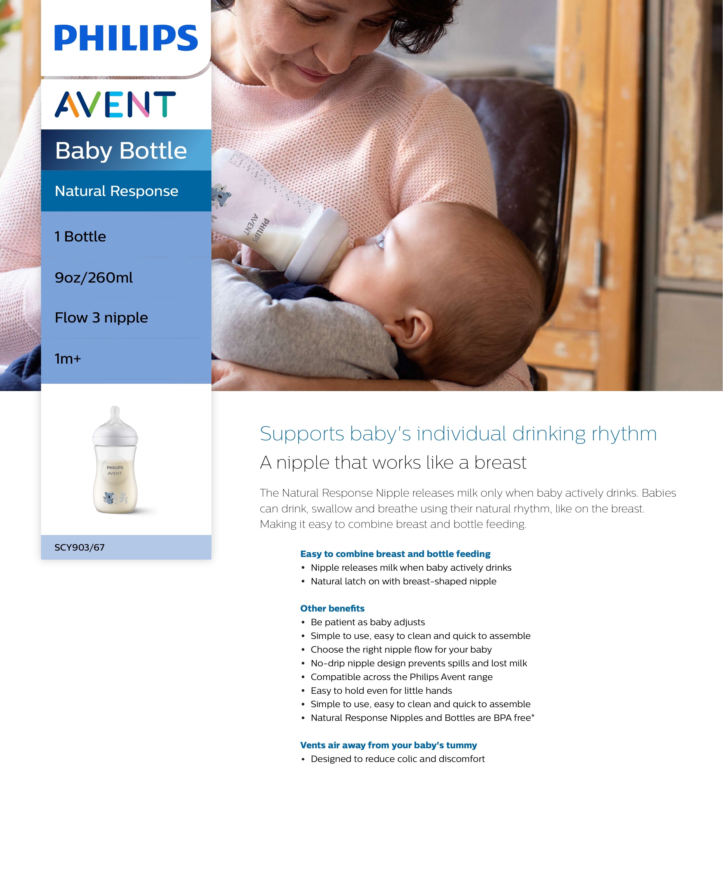 [New] Philips Avent Natural Response Baby Bottle 1m+ (9oz/260ml - Koala ...