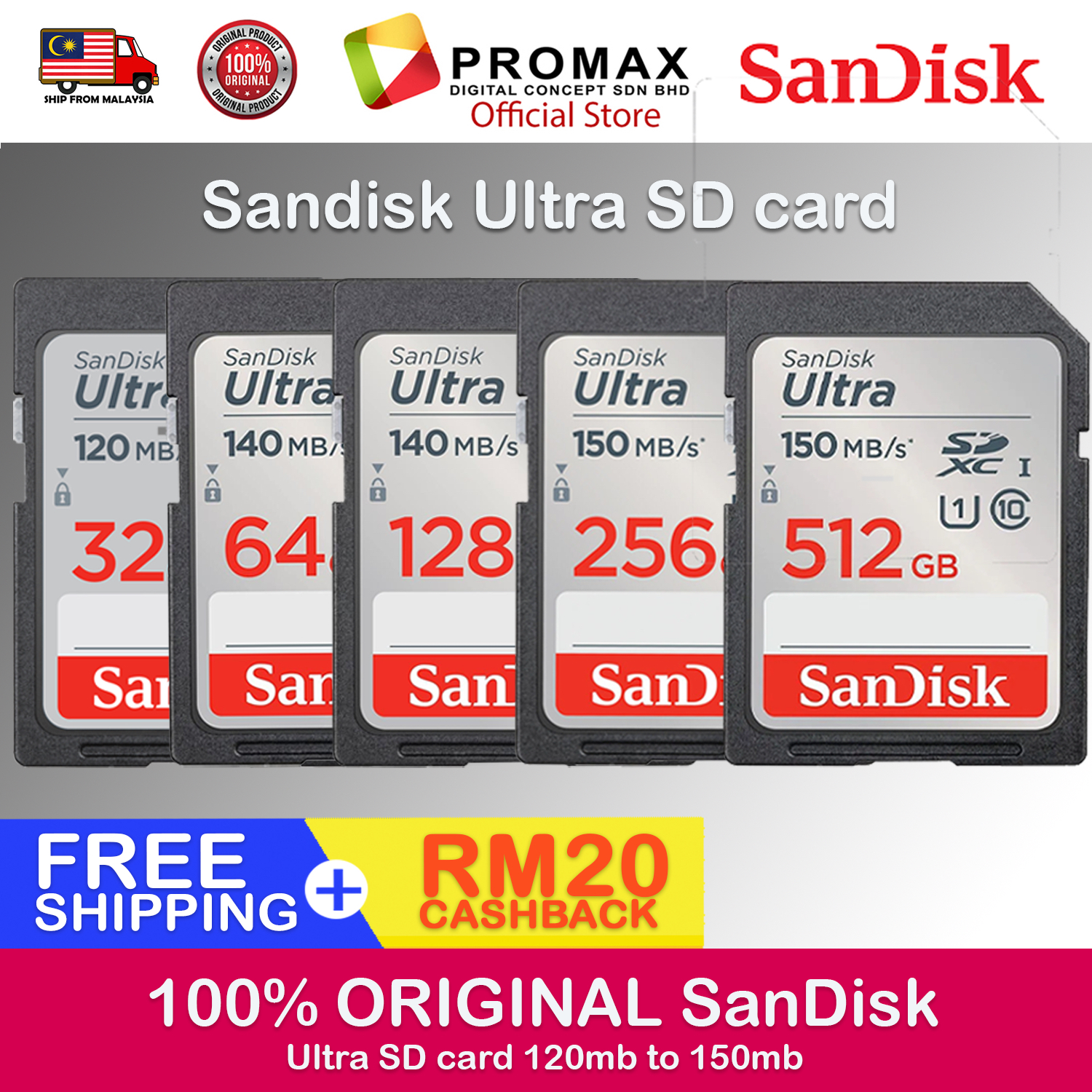 SanDisk Ultra SD Memory Card 32GB/64GB/128GB/256GB/512GB 100mb/s 140mb/s 150mb/s | Shopee Malaysia