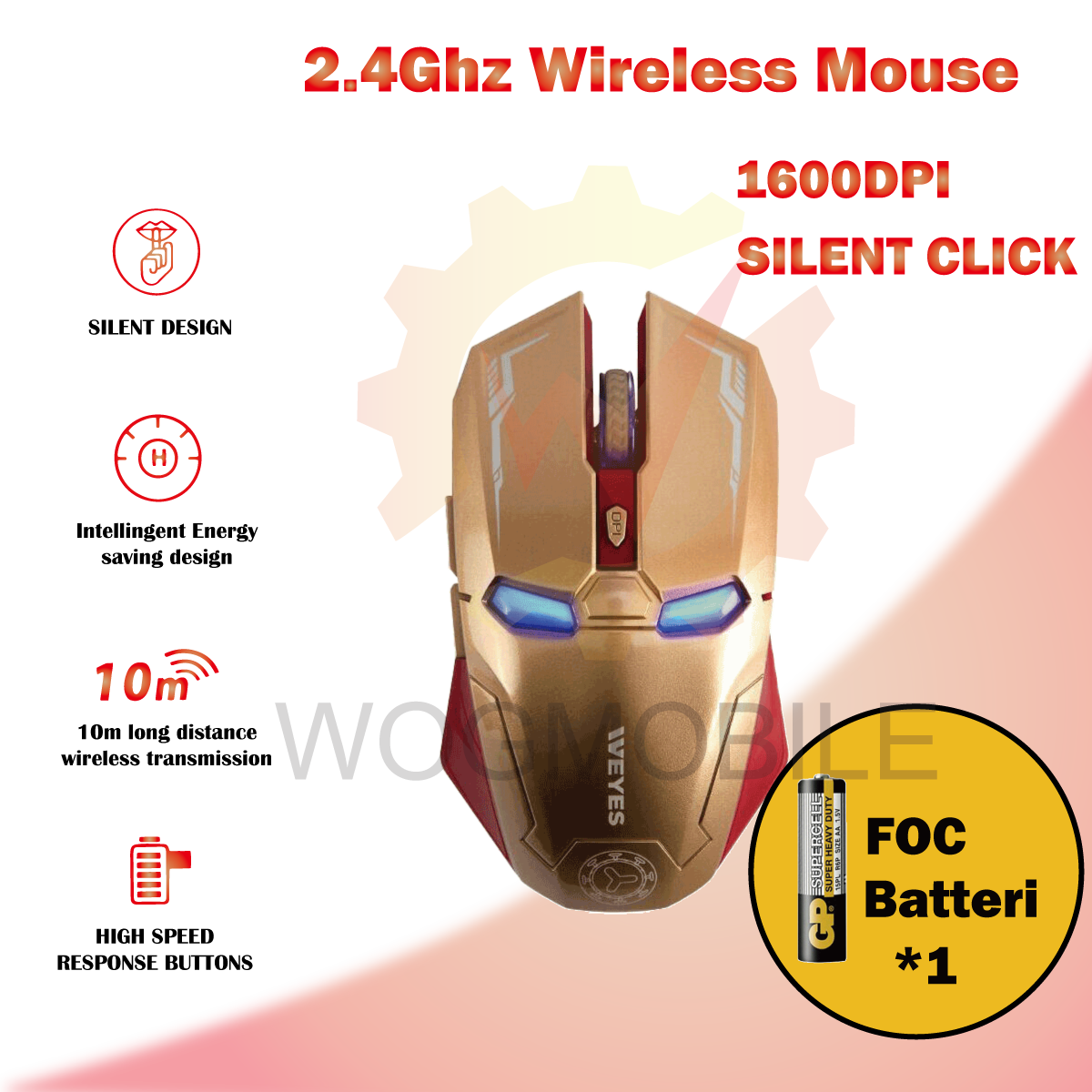 Iron Man Mouse Wireless Gaming Mouse 2.4GHz Wireless Mouse Mute Mice ...