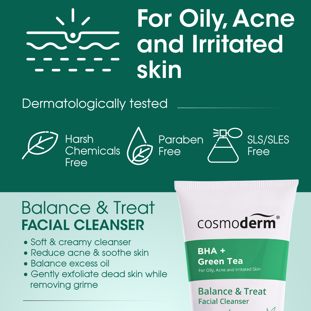 Cosmoderm Balance and Treat Facial Cleanser 100 ml (Green Tea Extract ...
