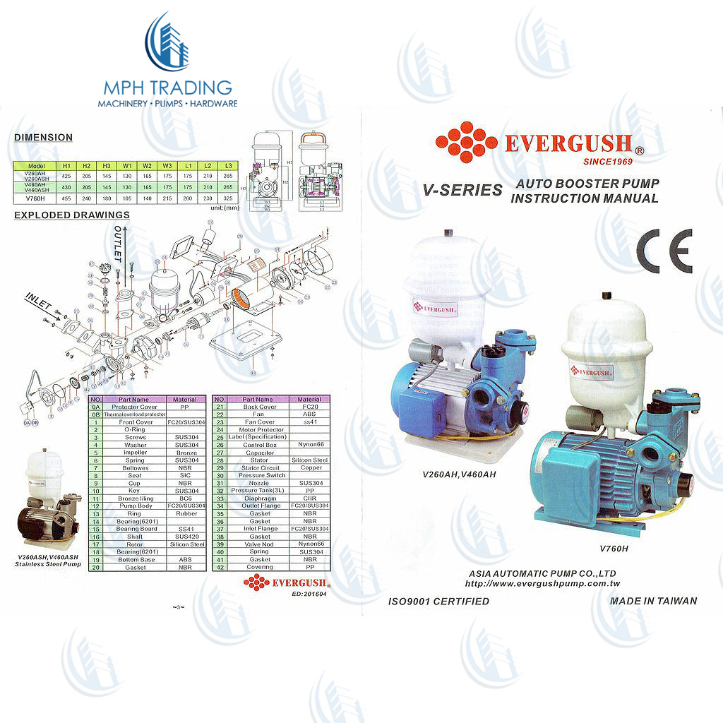 Evergush V460AHJ Automatic Start Stop Home Water Booster Pump 0.5HP For ...
