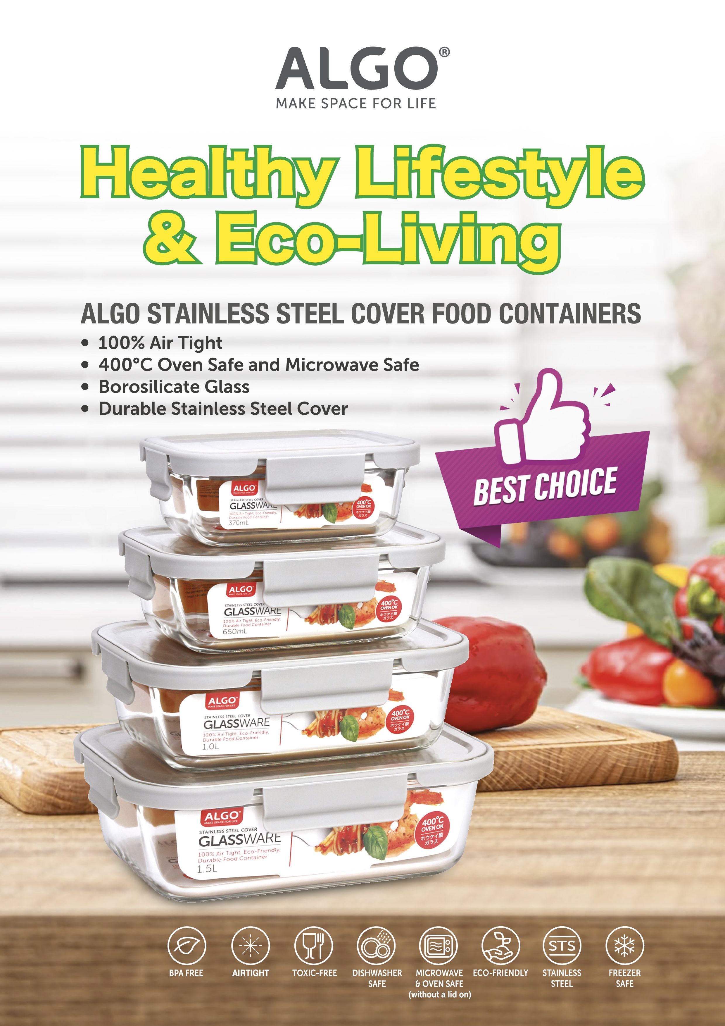 ALGO Stainless Steel Cover Glass Food Container - 4 Types Capacity ...