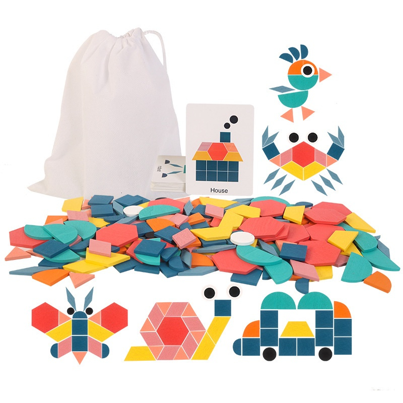 155 Pcs Wooden Pattern Blocks Geometric Shape Puzzle Graphical Early ...