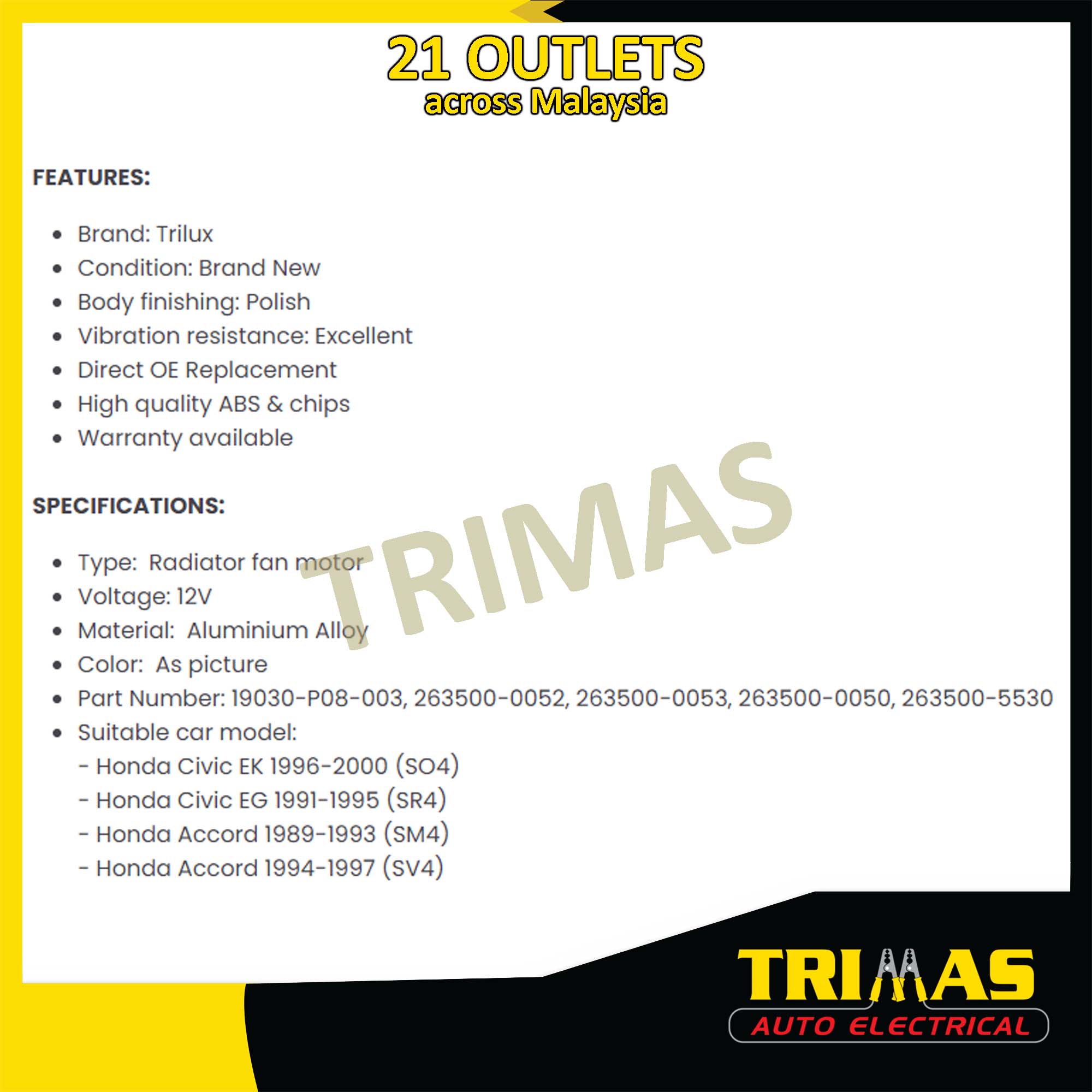 TRIMAS Honda Radiator Fan Motor Civic EG SR4 EK SO4 ES S5A Stream RN3 ...