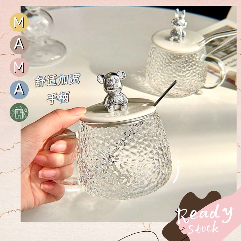 Ins Cute Bear Glass with Stainless steel Spoon and Bear Lip milk glass ...