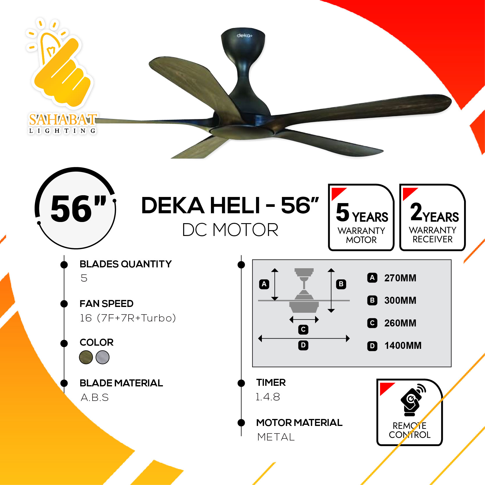 Deka Heli 56 Inch 5 Blades Dc Motor 16 Speeds + Turbo Ceiling Fan With ...