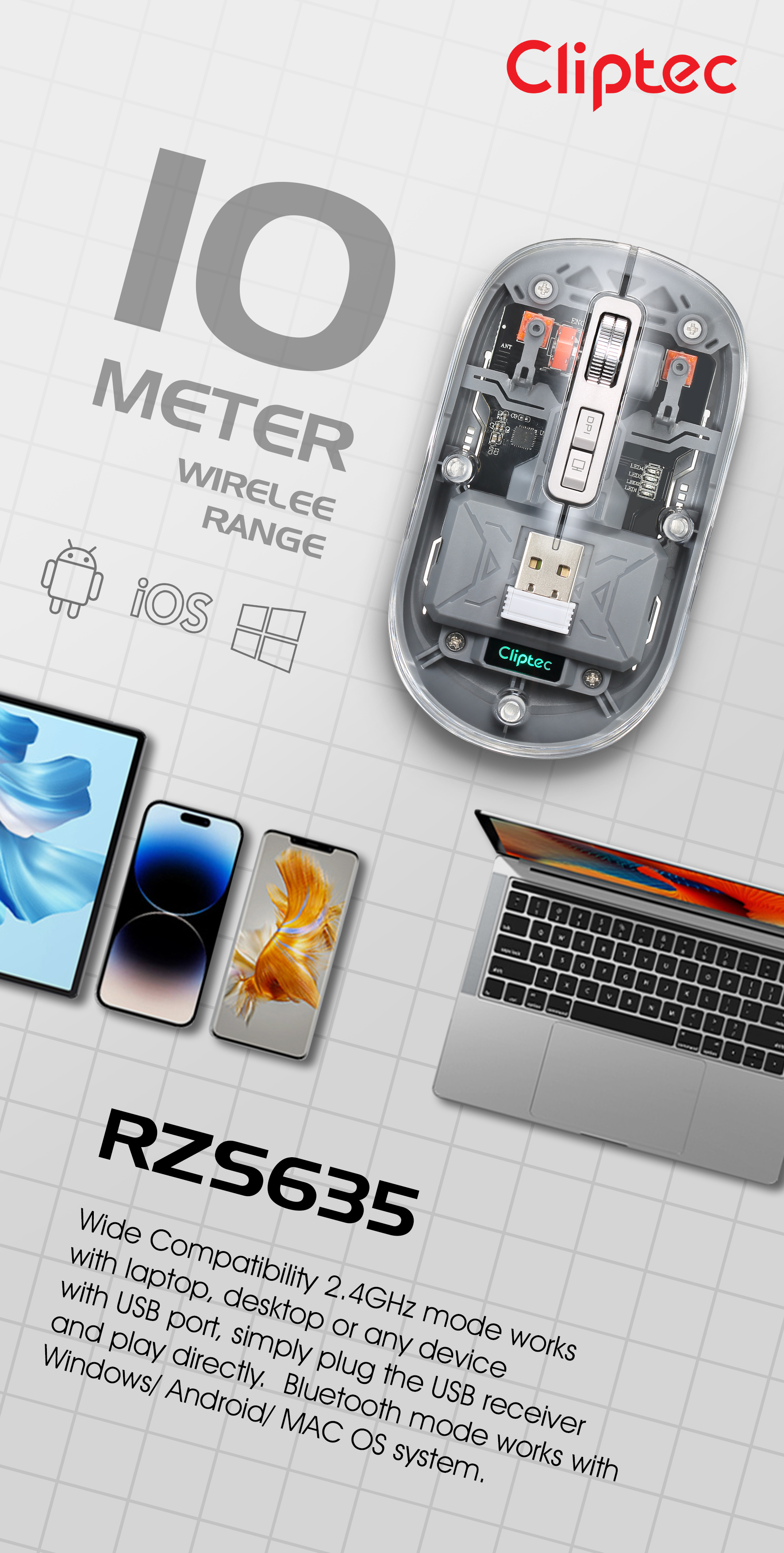 CLiPtec RZS635 Dual Mode Transparent Rechargeable Silent Wireless Mouse ...