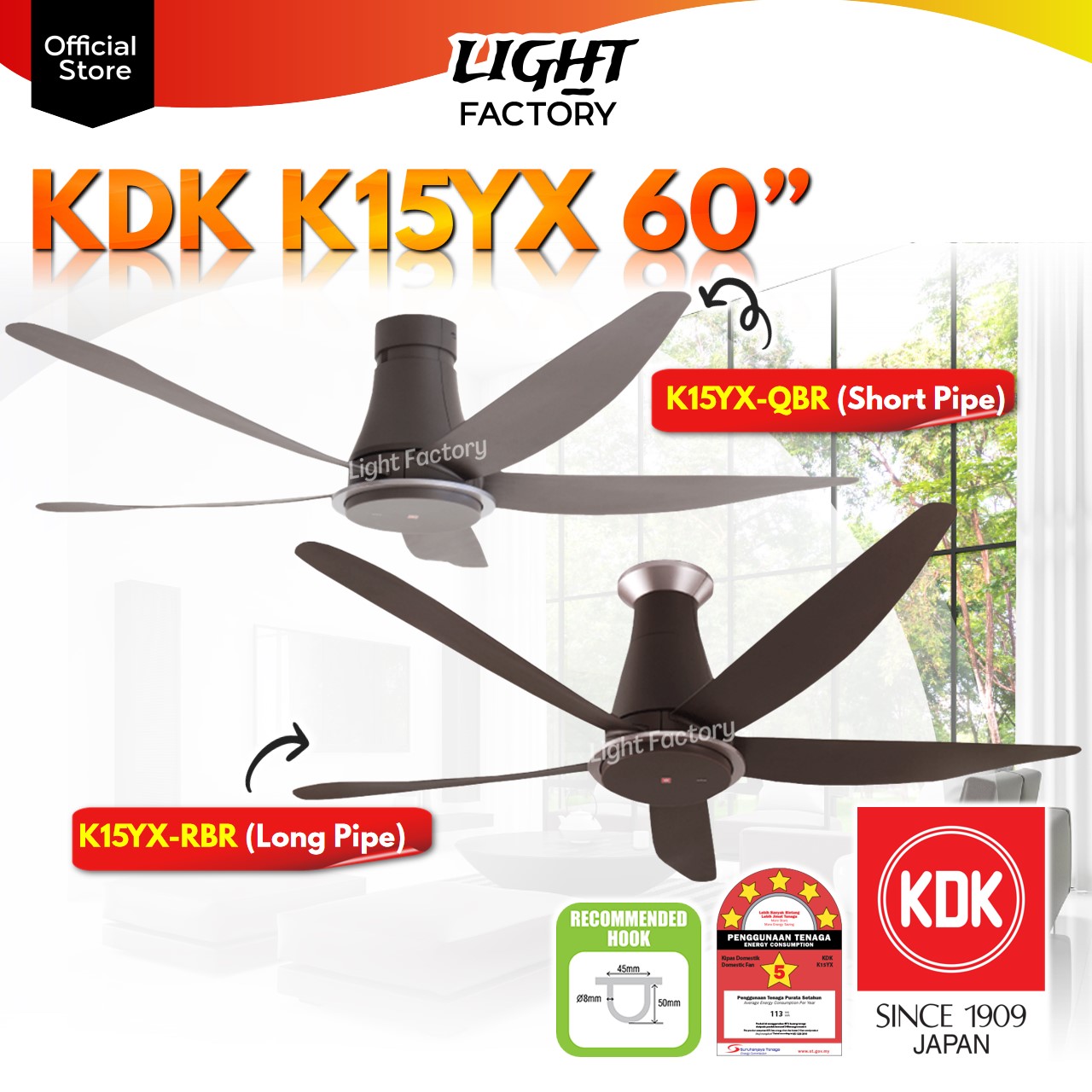 KDK K15YX-QBR K15YX-RBR 60" 5 Blades DC Motor Ceiling Fan with 9 Speed ...
