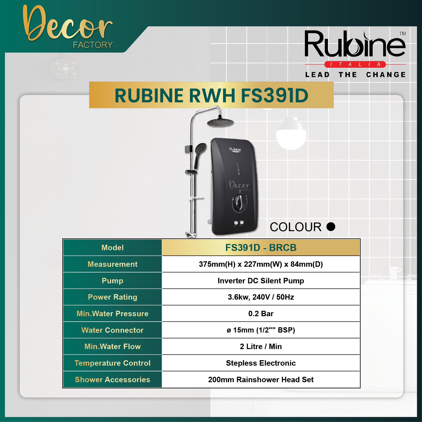 RUBINE Instant Water Heater FS391D Shower / Rain Shower Inverter Flusso ...