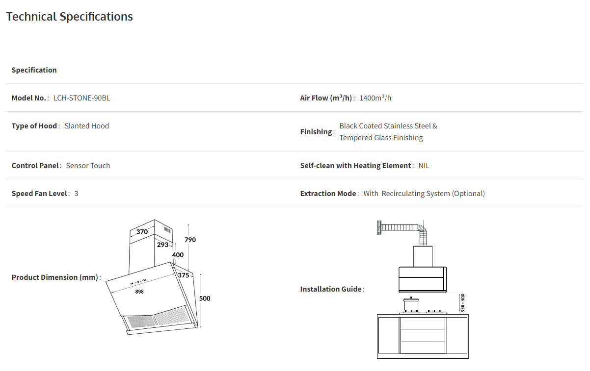 Livinox Slanted Hood 1400 Suction Power LCH-STONE-90BL + Recycle System ...