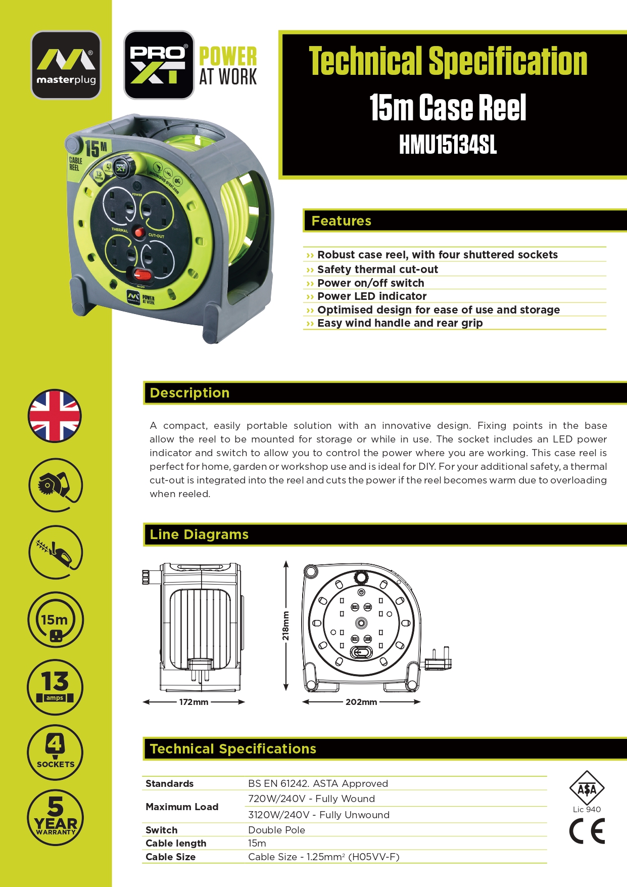 MASTERPLUG Pro-XT HMU15134SL-PX Case Reel Extension with 4 Sockets, 15m ...