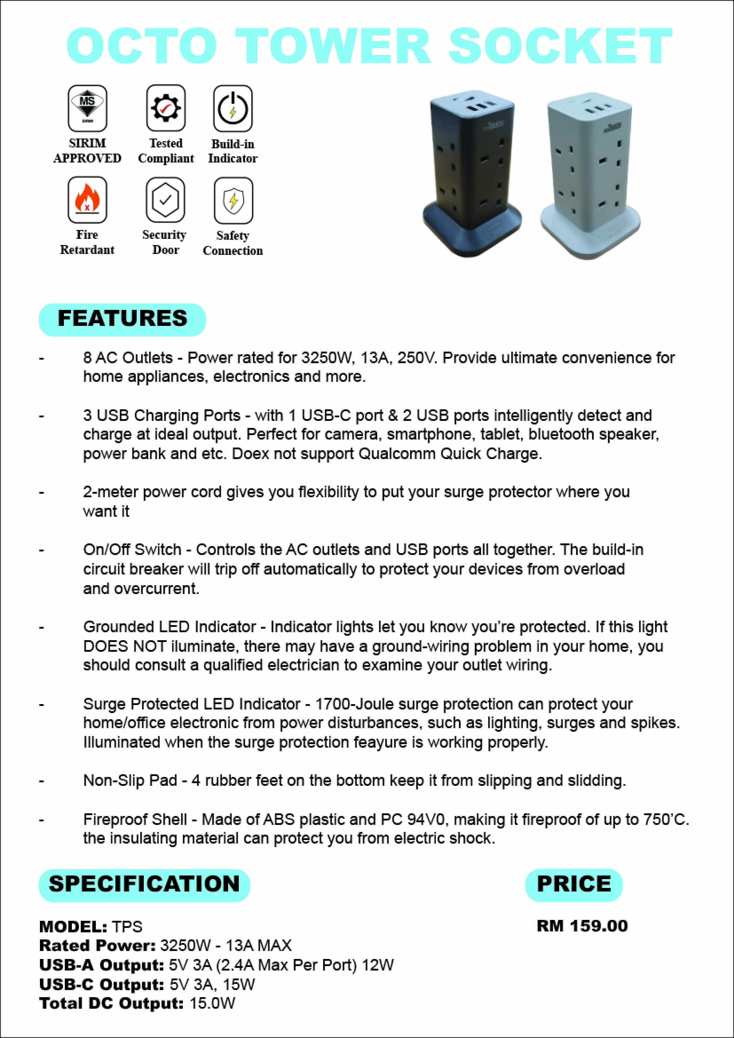 [SIRIM] reTouch Octo Tower Socket with Surge Protection and Overload ...