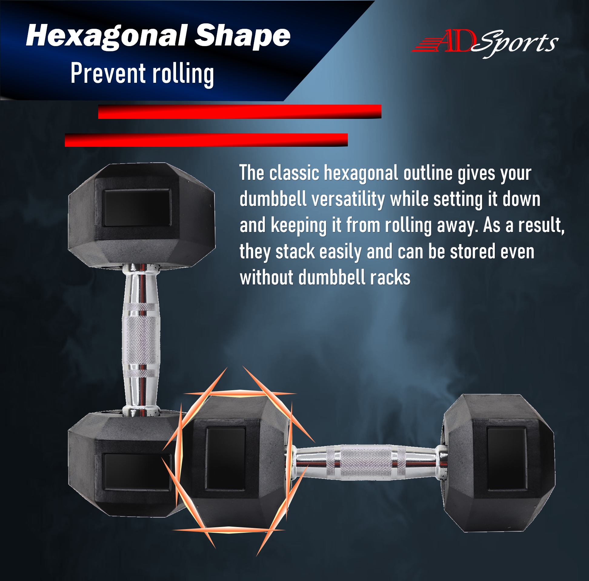 ADSports Commercial Grade 1 Unit 2.5/5/7.5/10/12.5kg Hexagon Dumbbell Rubber Coated With Iron ...