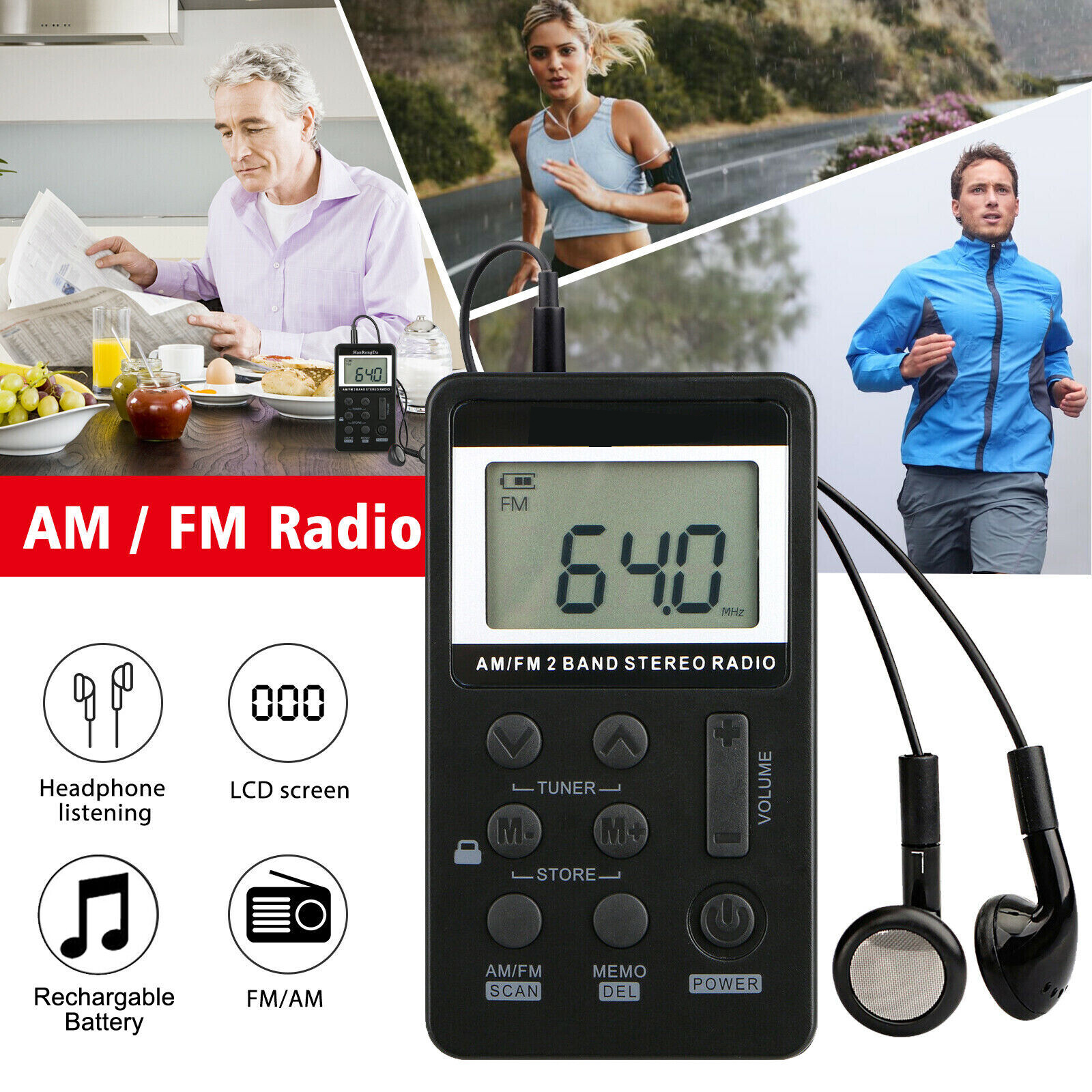 Mini Radio FM Portable Digital Radio Player LCD Display with Earphone ...