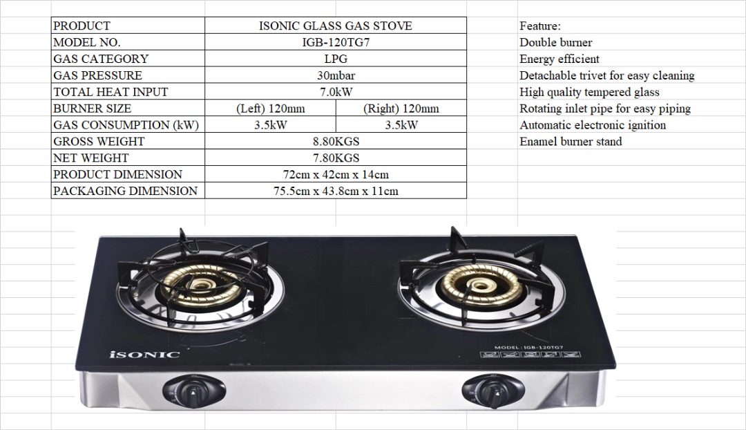 Isonic Gas Cooker Double 2 Burner Stove IGB-120TG7 Tempered Glass 7.0kW ...