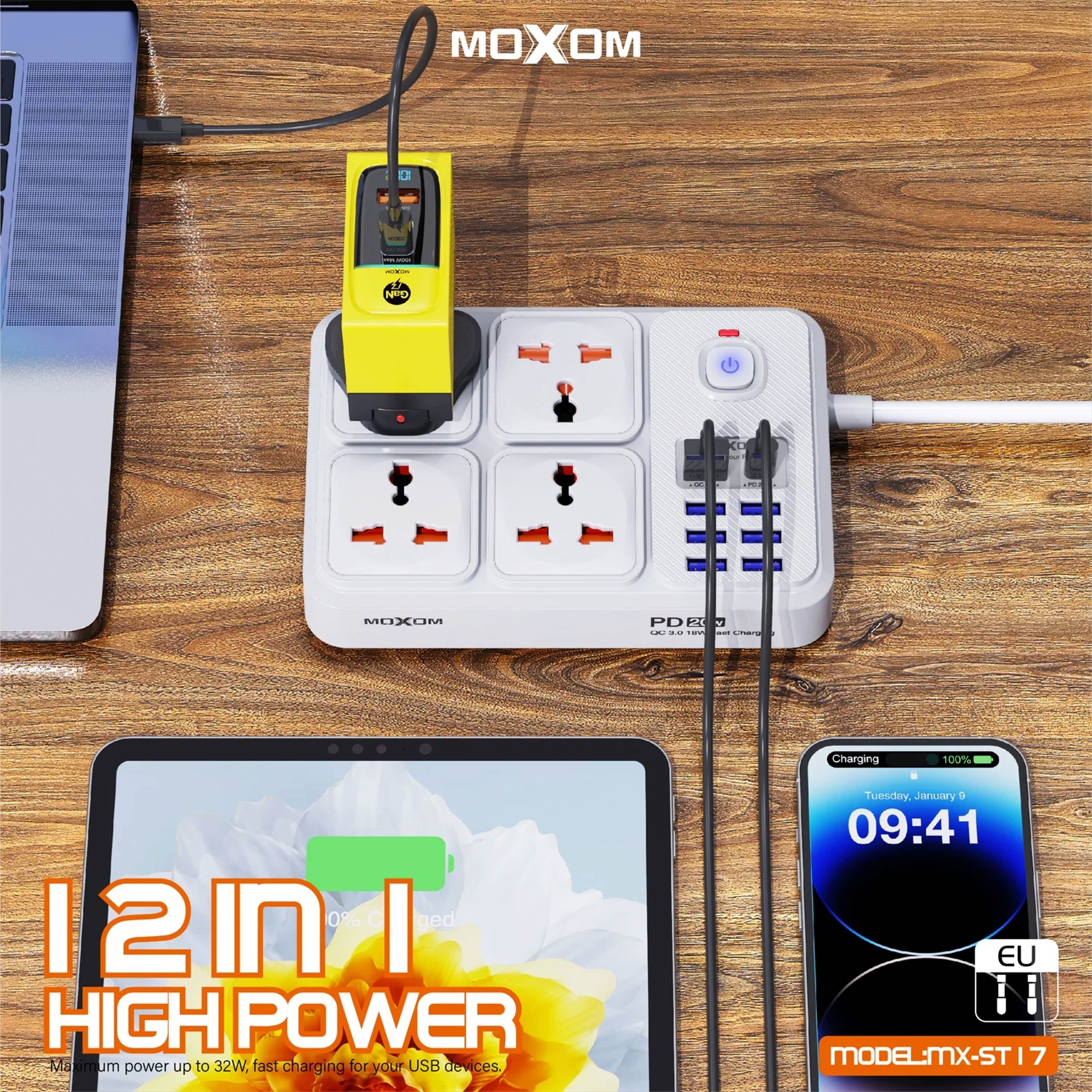 MOXOM MX-ST15 EXTENSION 4 POWER SOCKET + 7 USB + 1PD 20W USB C QC 18W ...