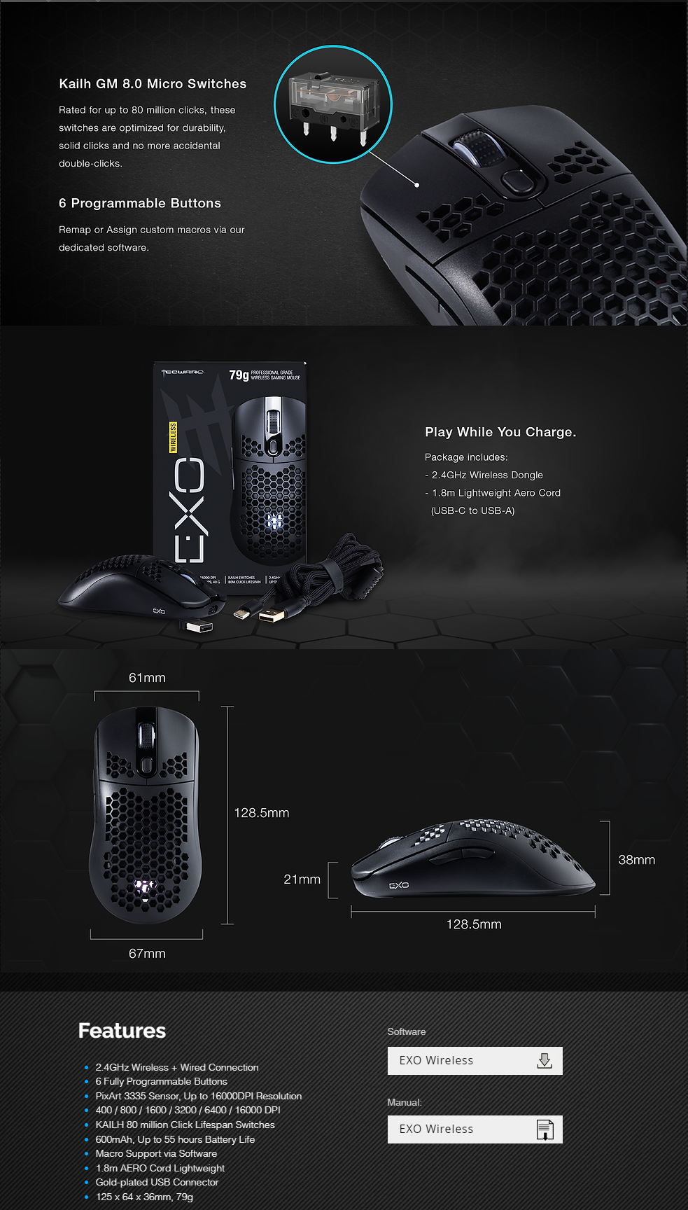 Tecware Exo Wireless RGB Gaming Mouse - Black / White # TWAC-EXOW-BK ...