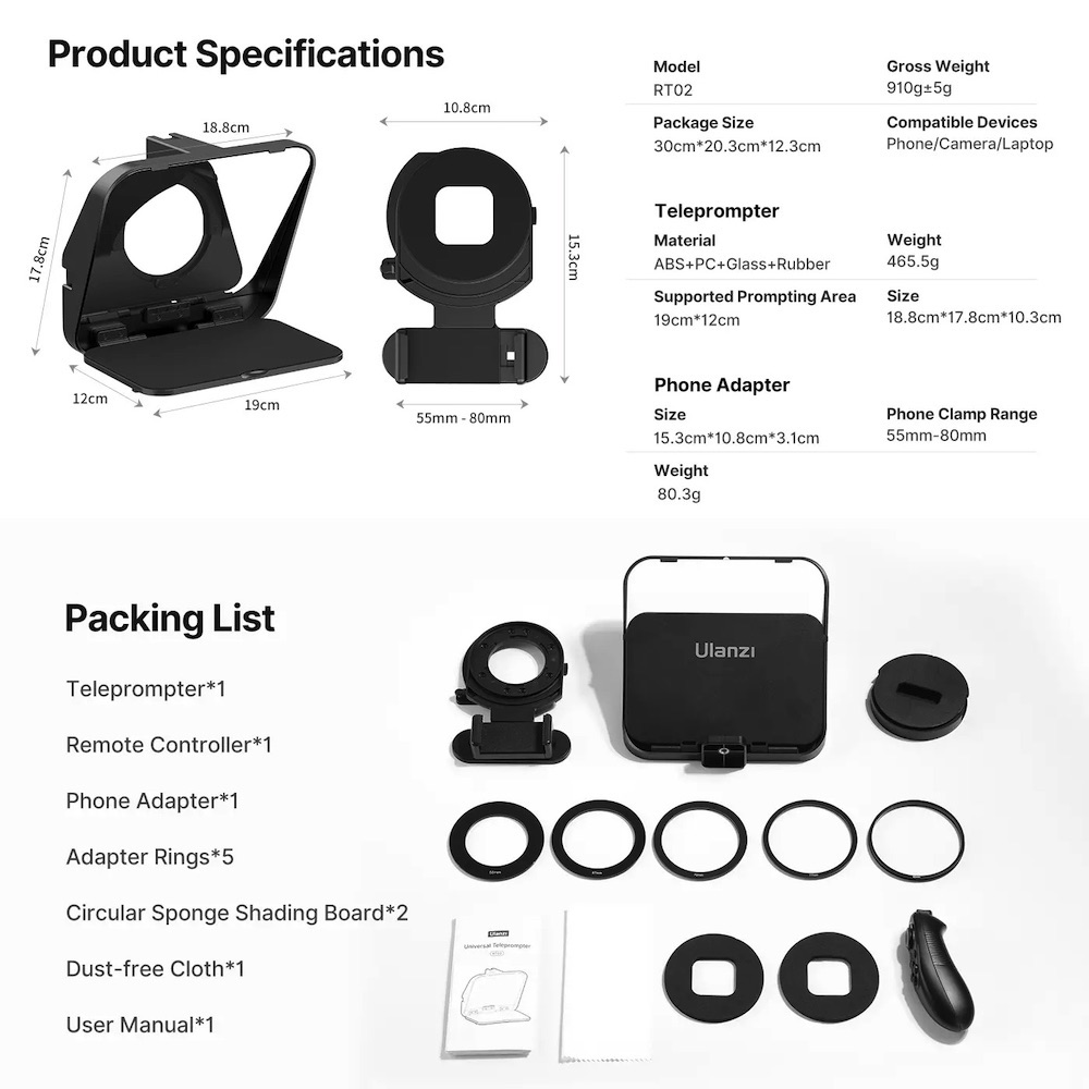 Ulanzi RT02 Universal Teleprompter Remote Control Camera Lens Adapter ...