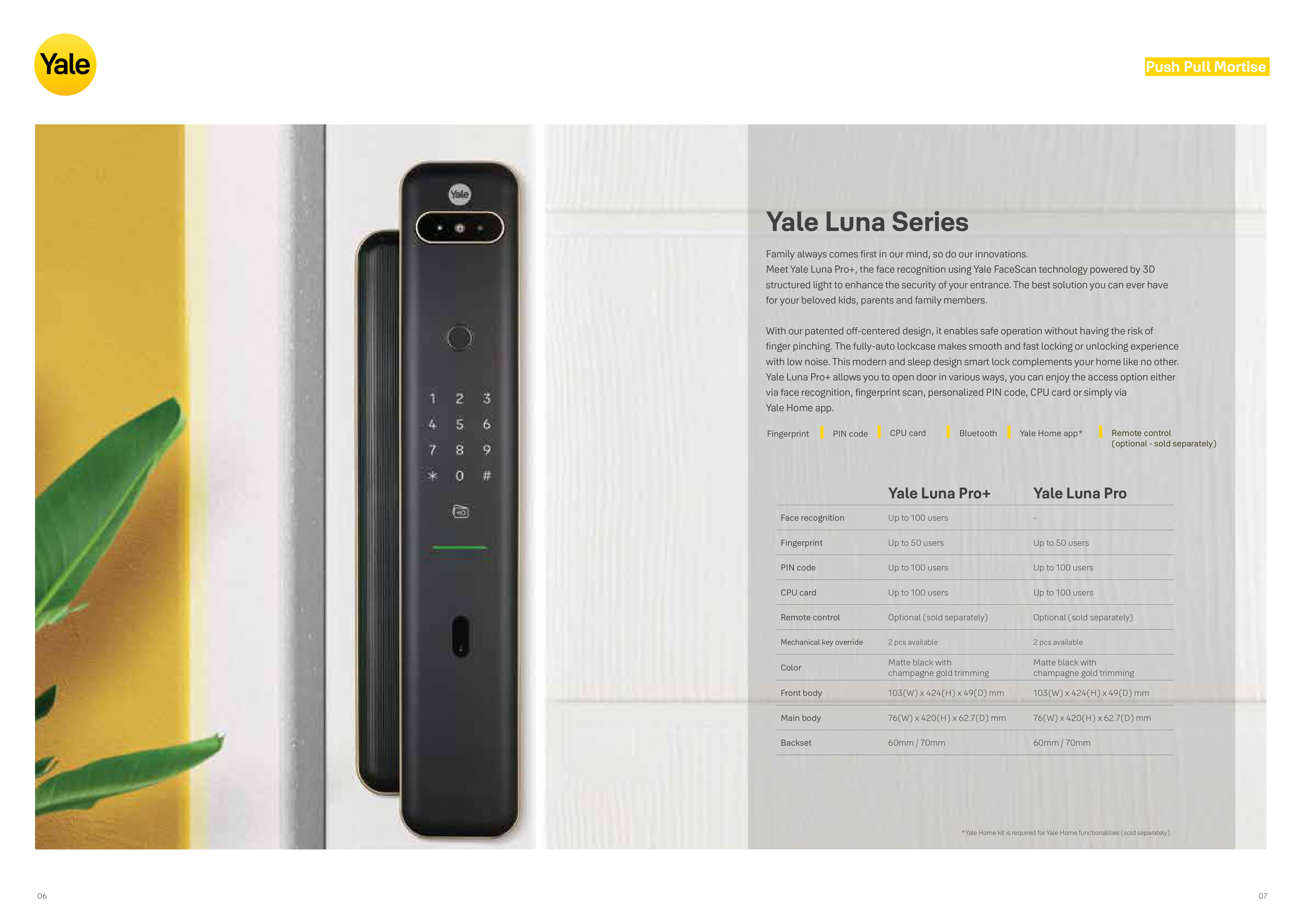 Yale Luna Pro+ Push Pull Mortise Smart Door Lock - Face Recognition ...