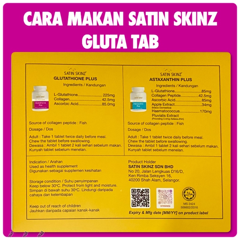 SATIN SKINZ GLUTA TAB KULIT PUTIH CERAH CANTIK MULUS HALUS GLUTATHIONE ...