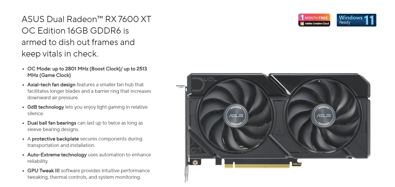 Asus RX 7600 XT DUAL OC / TUF GAMING OC 16GB GDDR6 RX7600XT 16G D6 ...