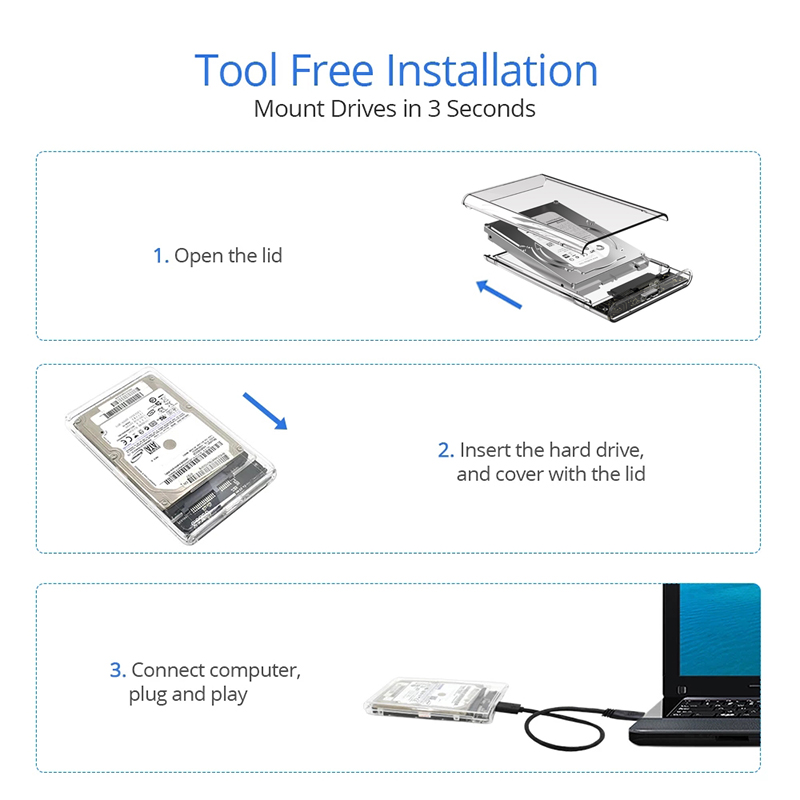 External Hard Disk Case 2.5 inch Free SATA to USB 3.0 Cable Transparent ...