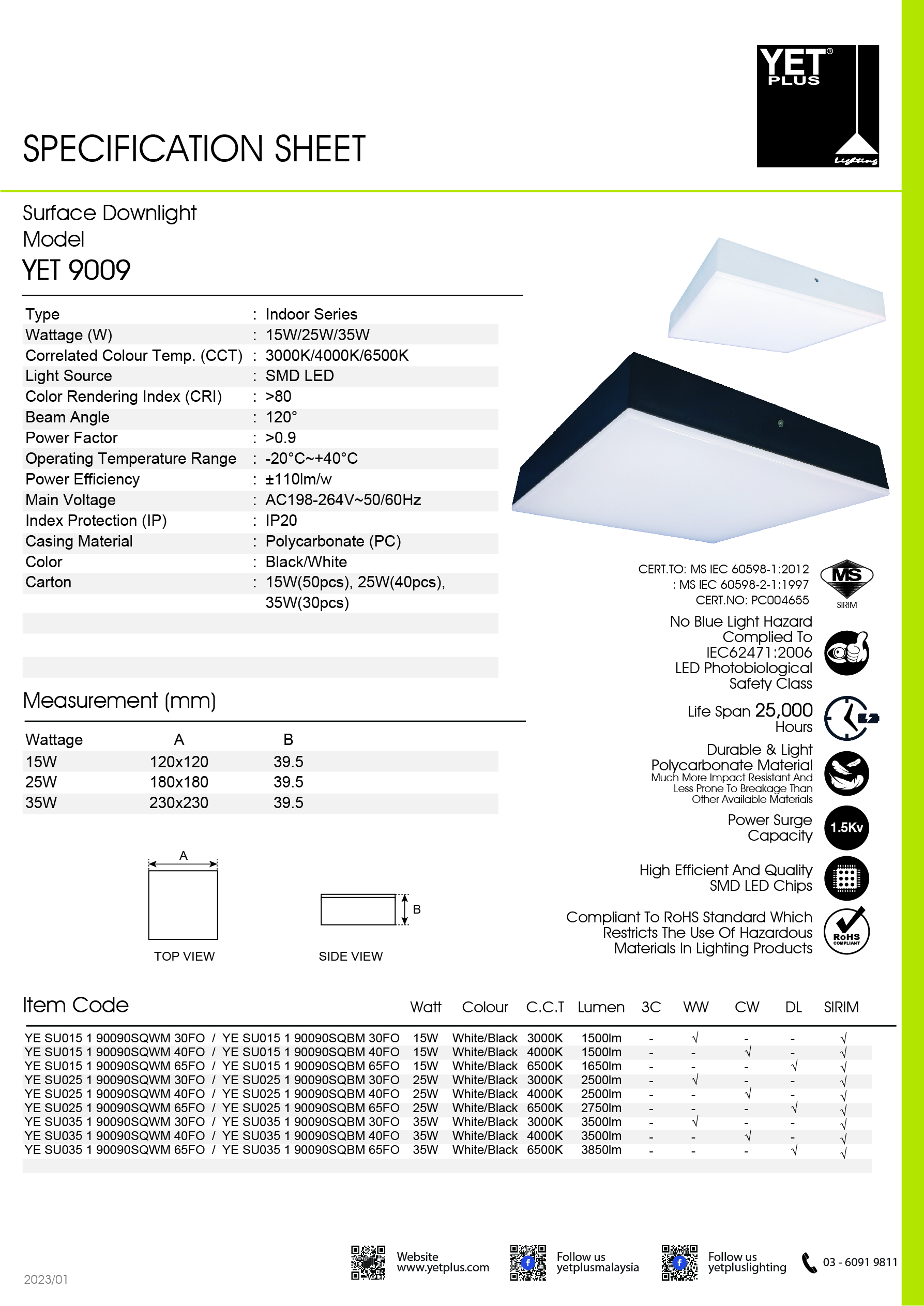 YETPlus YET 9009 35W Square LED Surface Downlight (Daylight / Cool ...