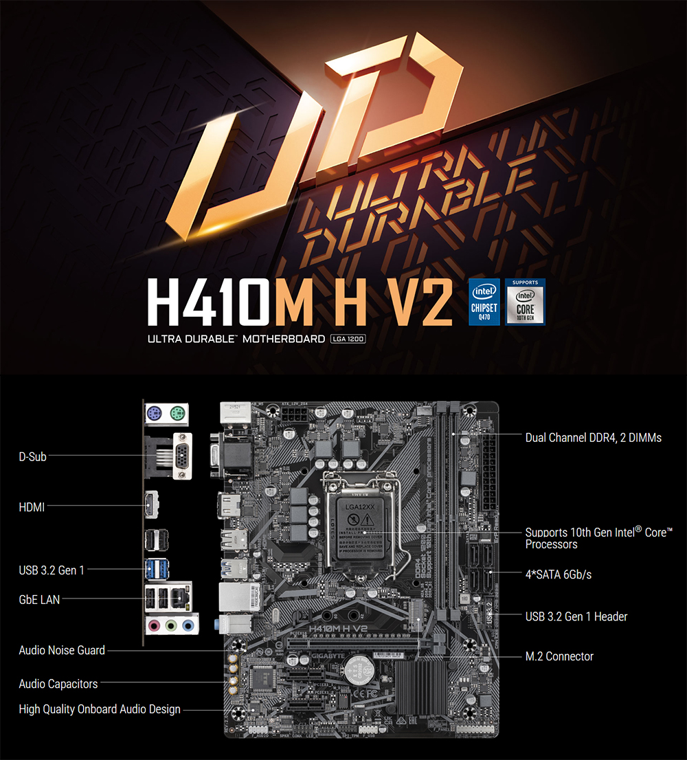 Gigabyte H410M H V2 DDR4 Intel LGA1200 Q470 Micro-ATX Motherboard PCIe ...