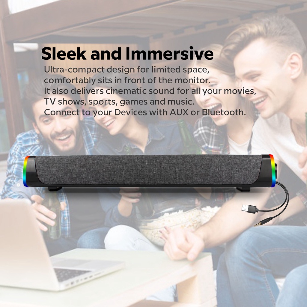 Vinnfier VF Hyperbar U30 BT USB Powered Soundbar with Led Light Bluetooth Aux Line In For Gaming ...