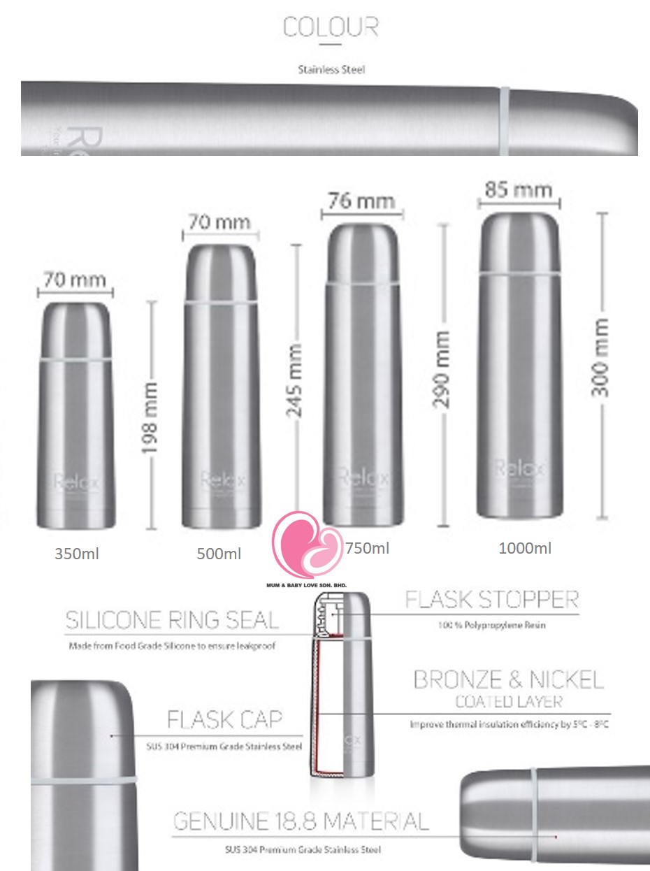 Relax Stainless Steel Thermal Flask with Pouch (350ml/ 500ml/ 750ml ...