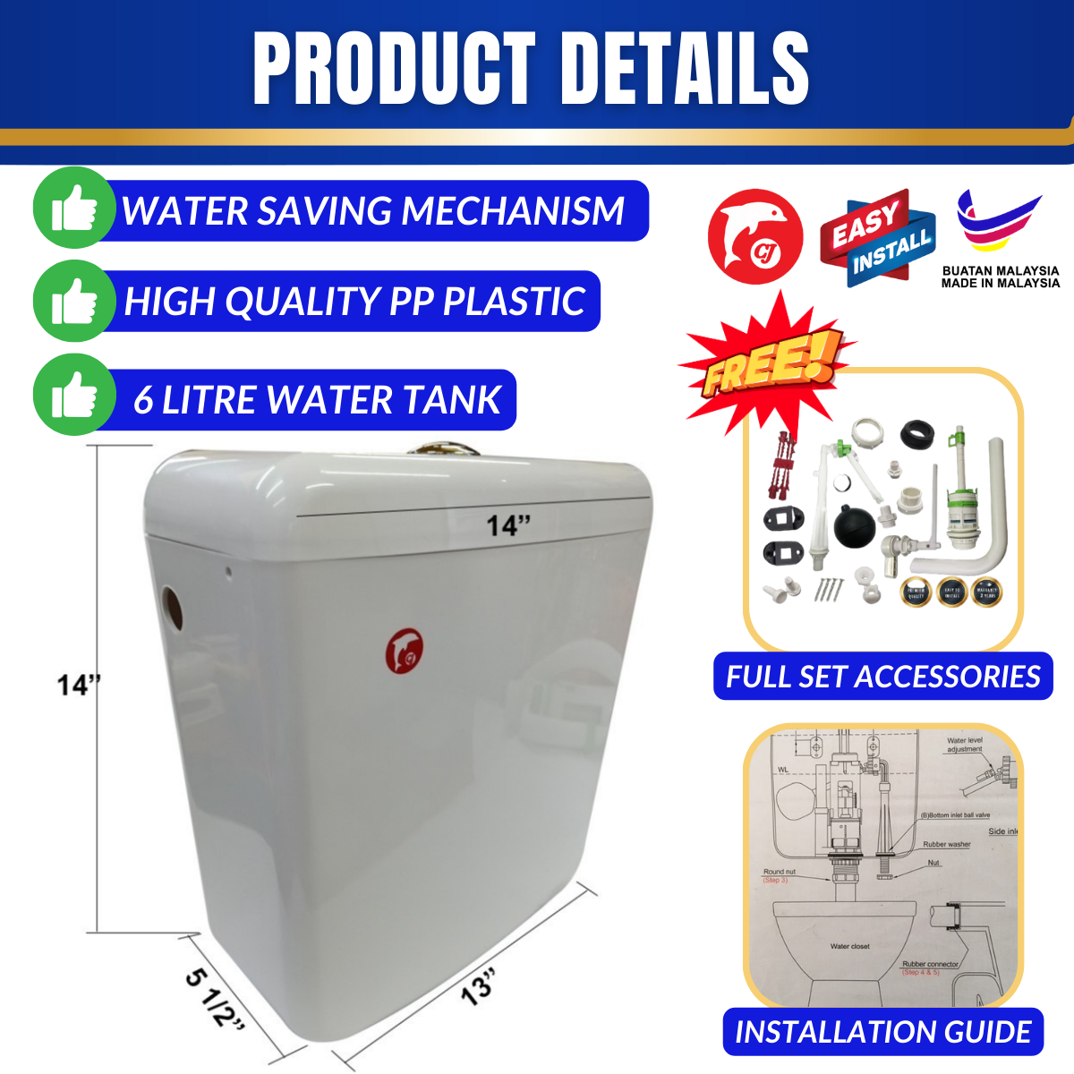 C&C Full Set Toilet Water Tank Plastic Toilet Cistern + Toilet Seat ...