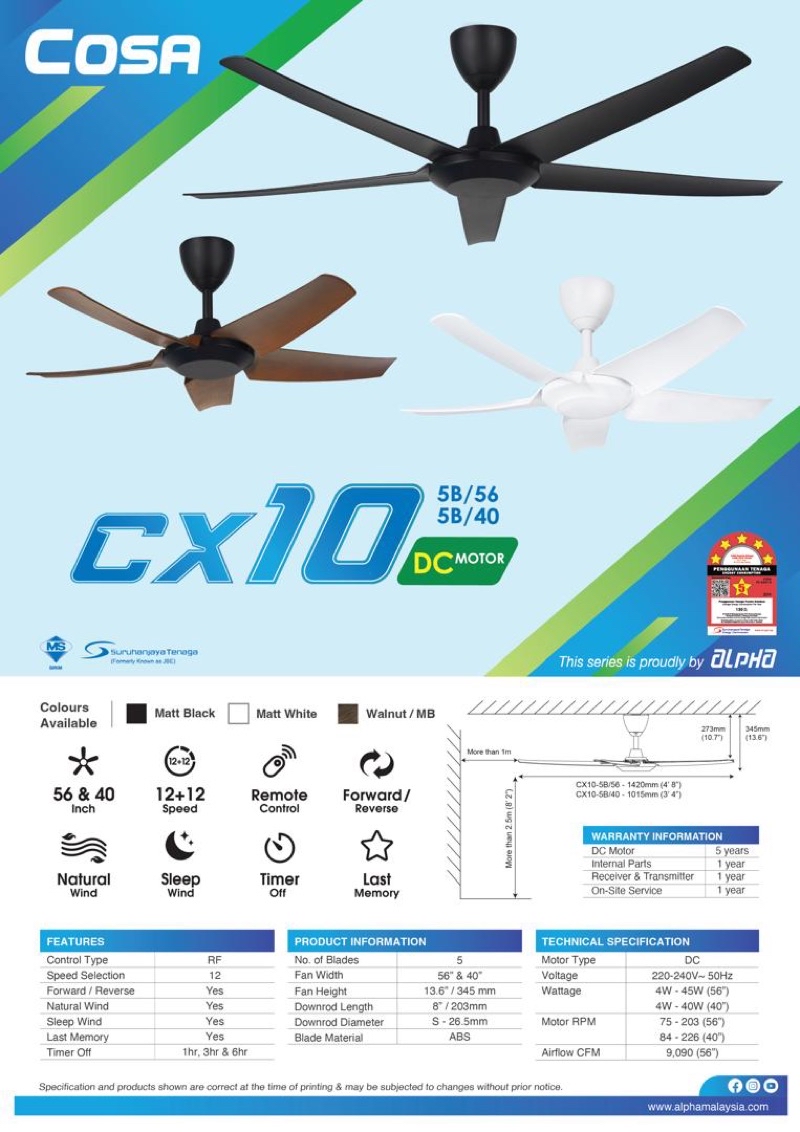 Cosa by Alpha CX10 / 56"/ 46” / 40" DC Motor , 12 + 12 Speed Remote ...