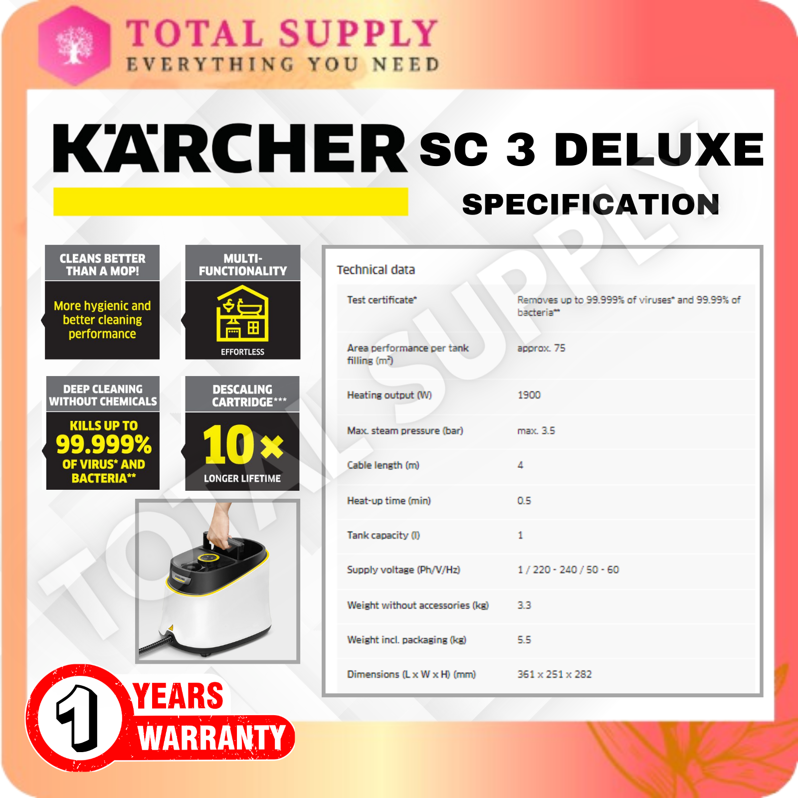 KARCHER SC3 DELUXE EASYFIX STEAM CLEANER | 1900W | 3.5BAR | 1.513-432.0 ...