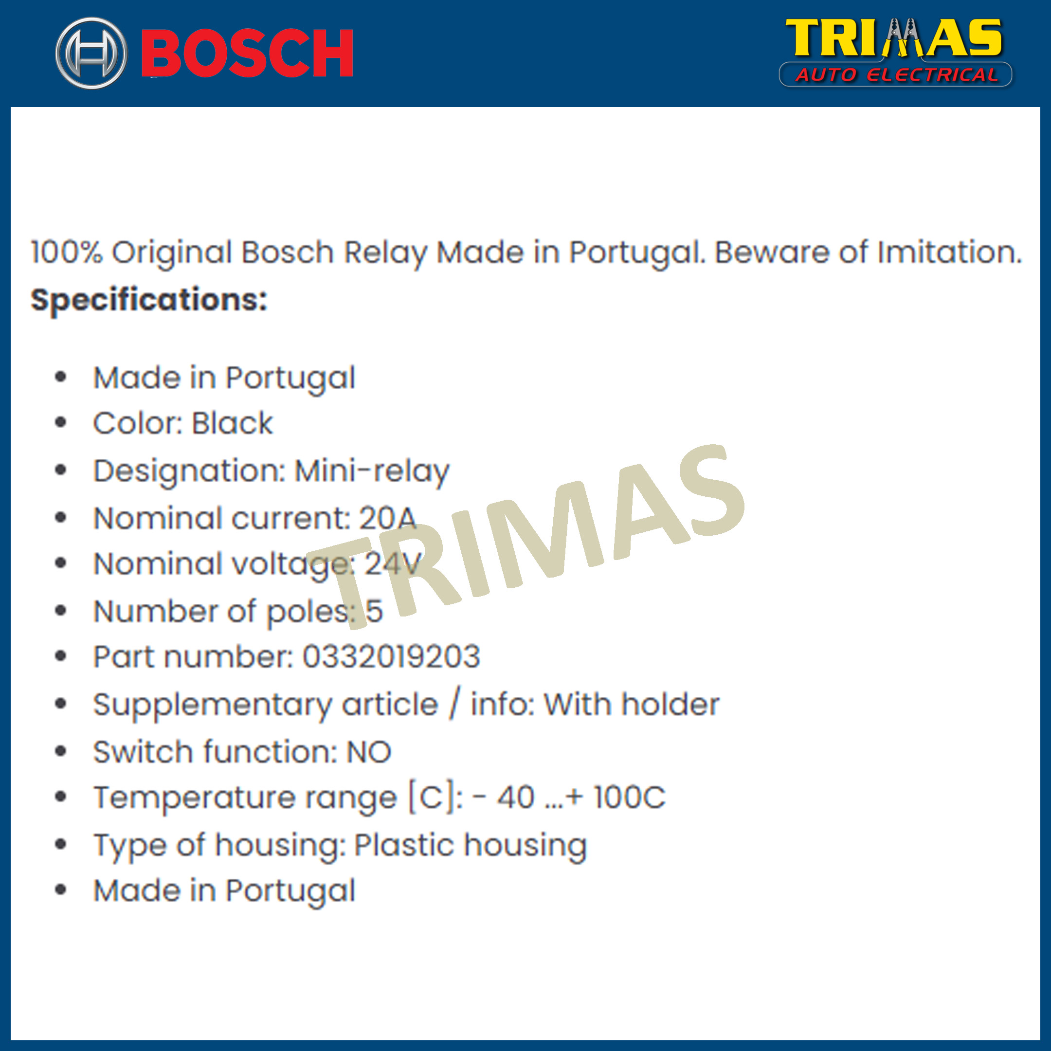 TRIMAS Original Robert Bosch Universal 5 Pin Relay 24V 20A Made in ...