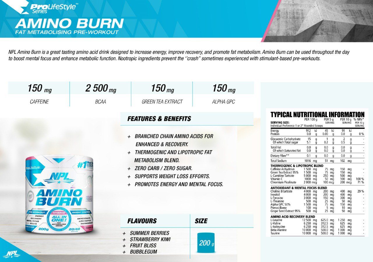 NPL Amino Burn Pre-Workout / Fat Burner (200g / 20 or 40 Serv) | Shopee ...