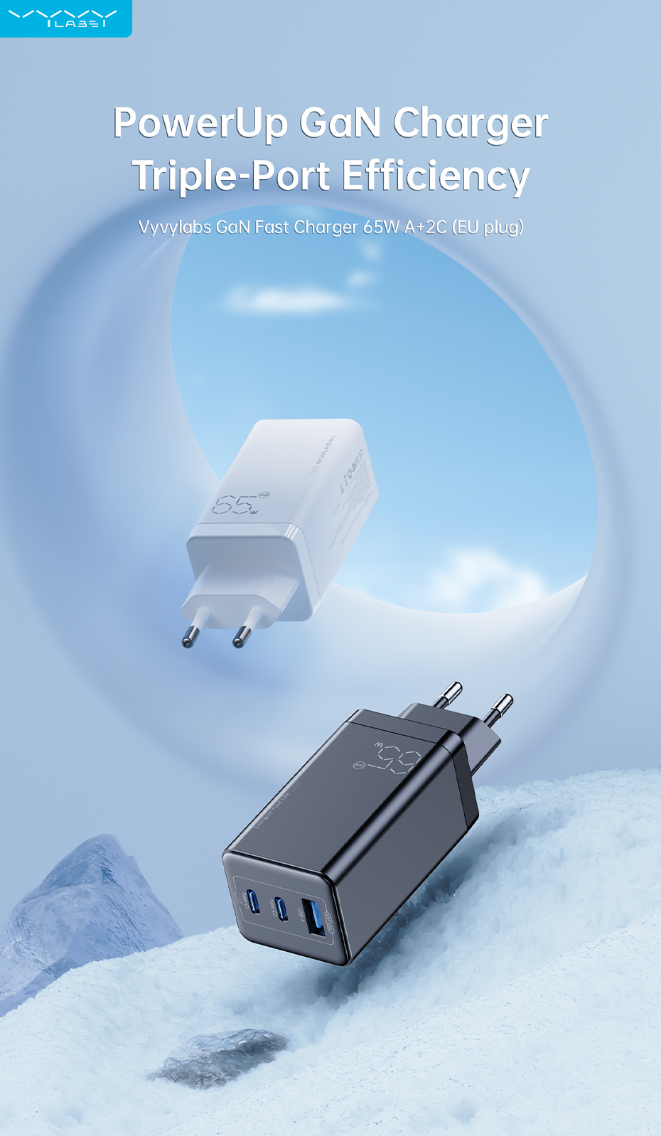 Vyvylabs GaN 65W Charger Foldable 1A 2C 3 Ports PD3.1 Laptop Charging ...