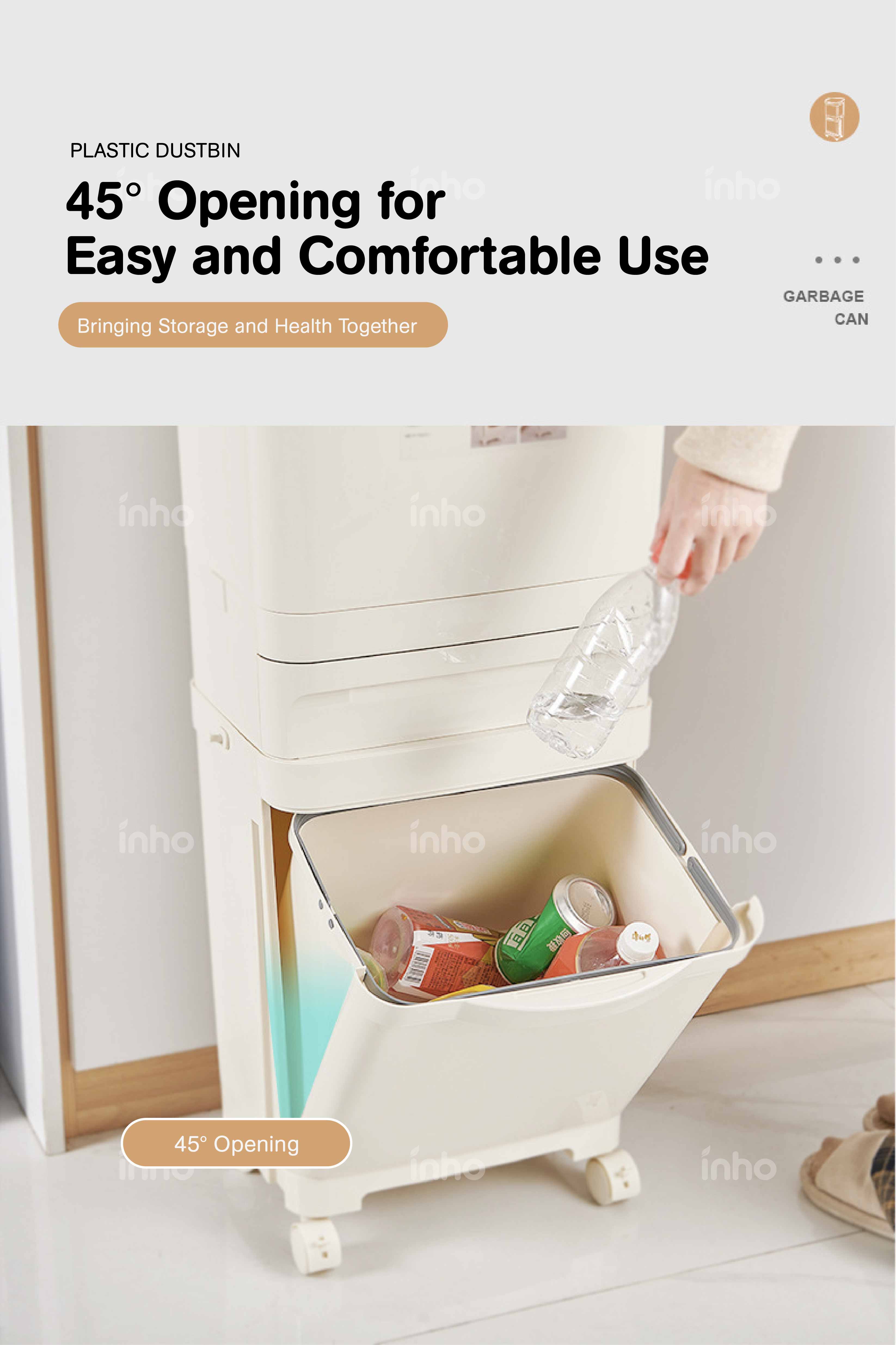 INHO 42/50L Large Movable Household Sorting Trash Plastic With Wheels ...