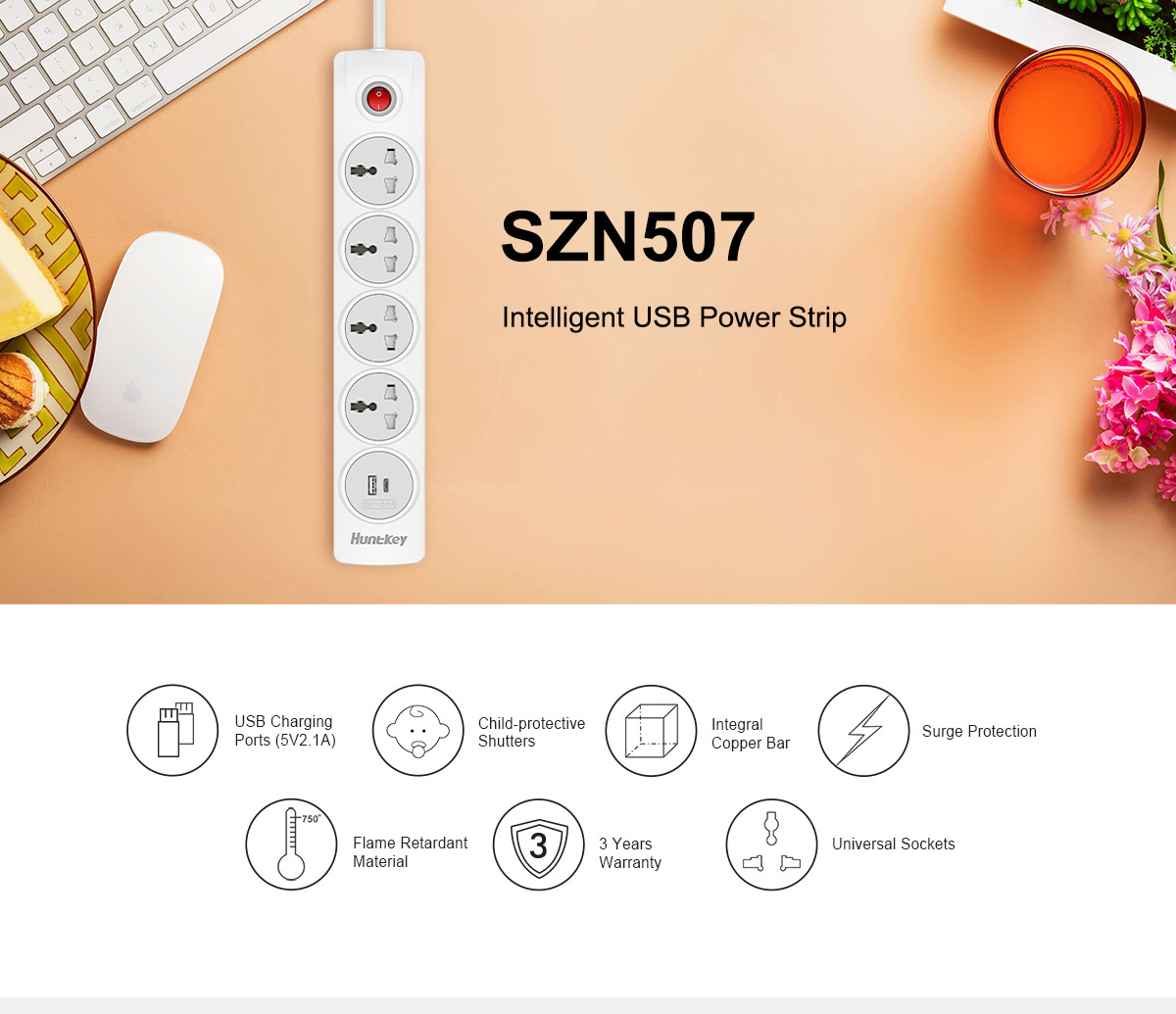 Huntkey 4 Sockets 2 USB Ports Extension Surge Protector - SZN507 | Shopee Malaysia