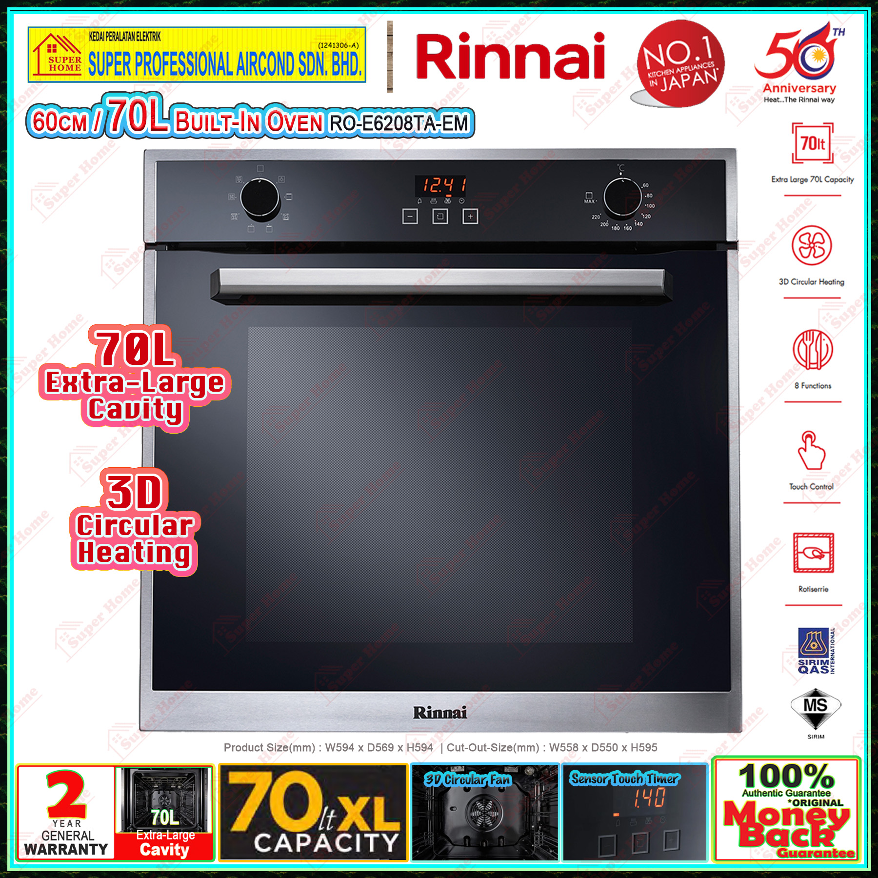 Rinnai Chimney Hood RH-C3819-PBW / Rinnai Gas Hob RB-983G 88cm (4.5kW) / Rinnai Built-In Oven RO ...