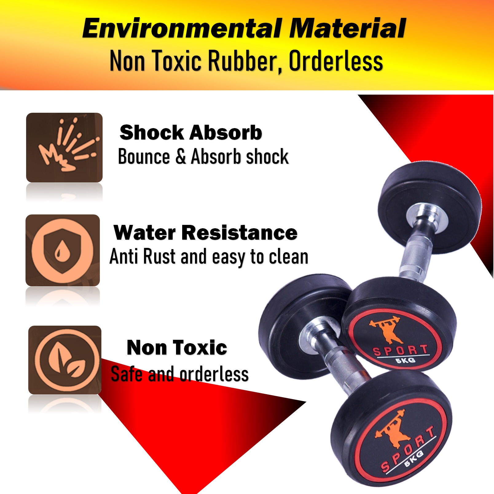 ADSports 2.5KG/5KG/7.5KG/10KG/12.5KG/15KG/17.5KG/20KG/22.5KG/25KG Round Head Dumbbell Rubber ...